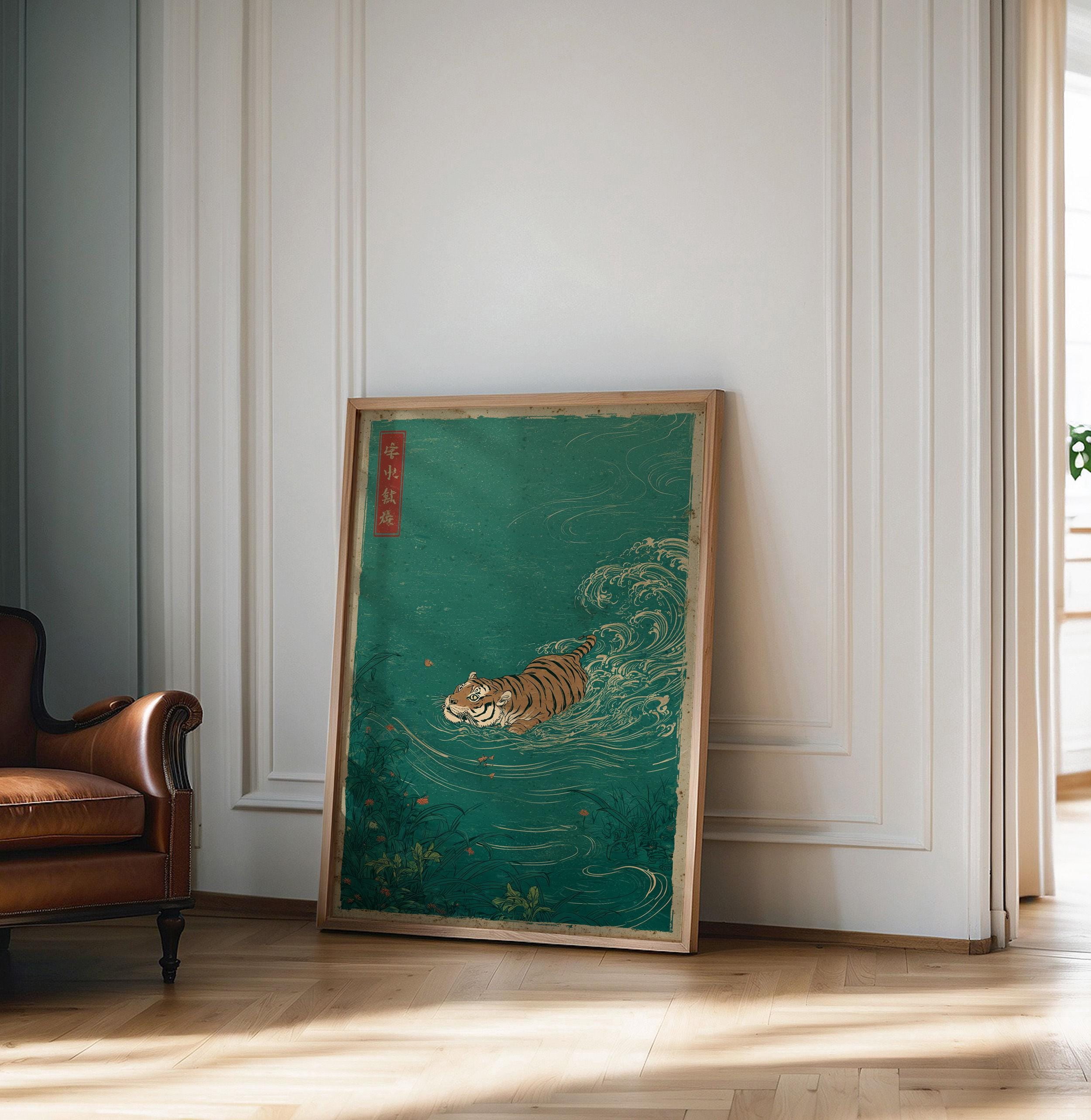 Affixzi Japanese Tiger Swimming Print, Vintage Ukiyo-e Style Wall Art ...