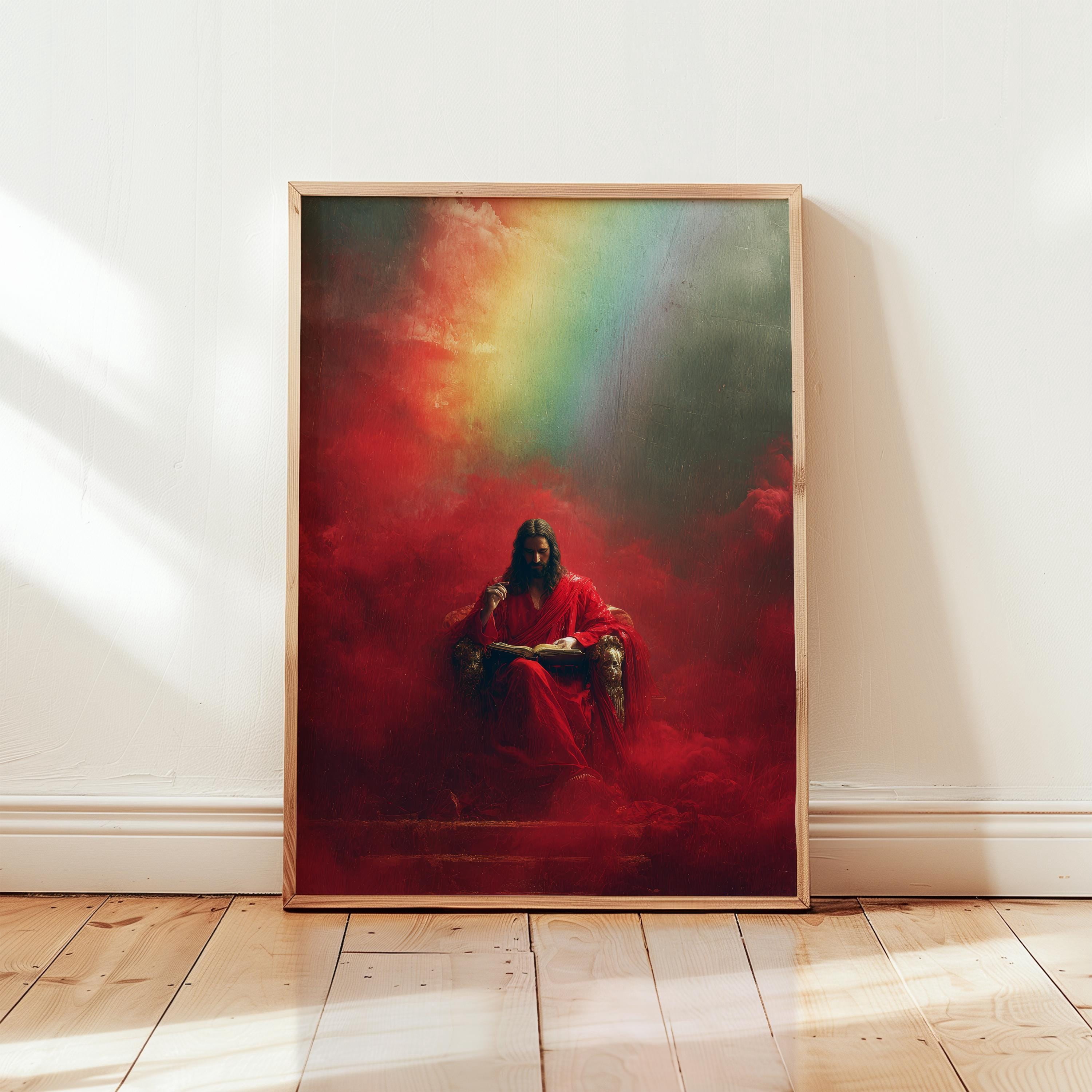 Affixzi Jesus Reading Scripture Wall Art: Dramatic Rainbow Light, Red ...