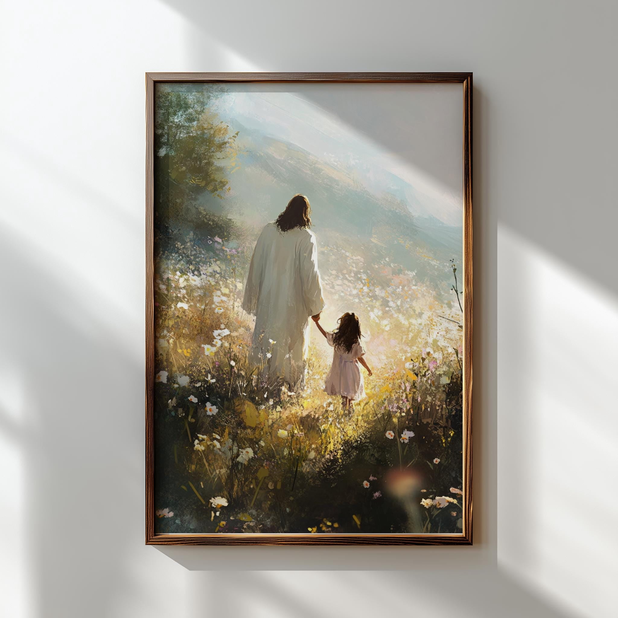 Affixzi Jesus and Girl in Flower Field Art Print: Christian Verse for ...