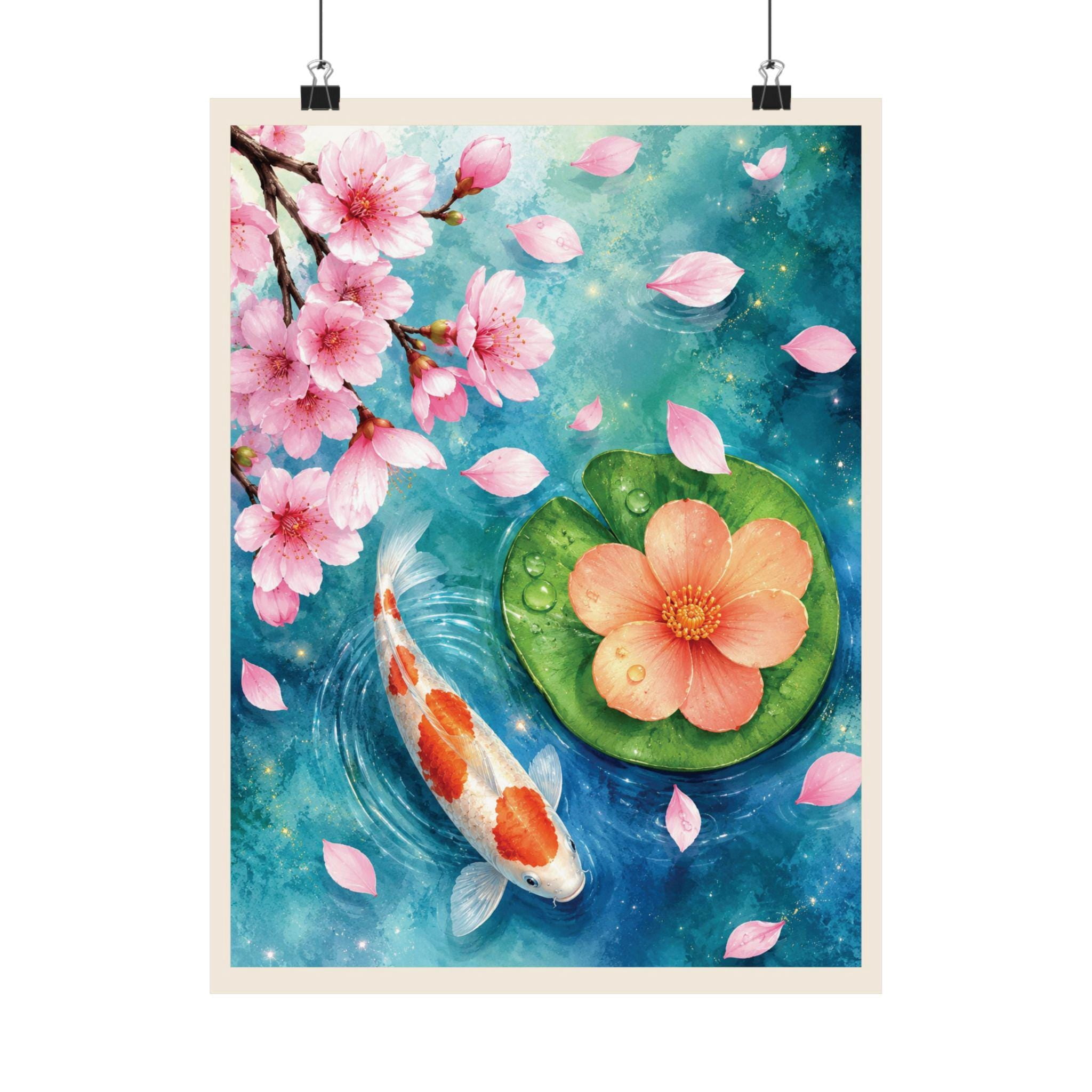 Affixzi Koi Pond Wall Art Poster, Japanese Cherry Blossom Watercolor ...