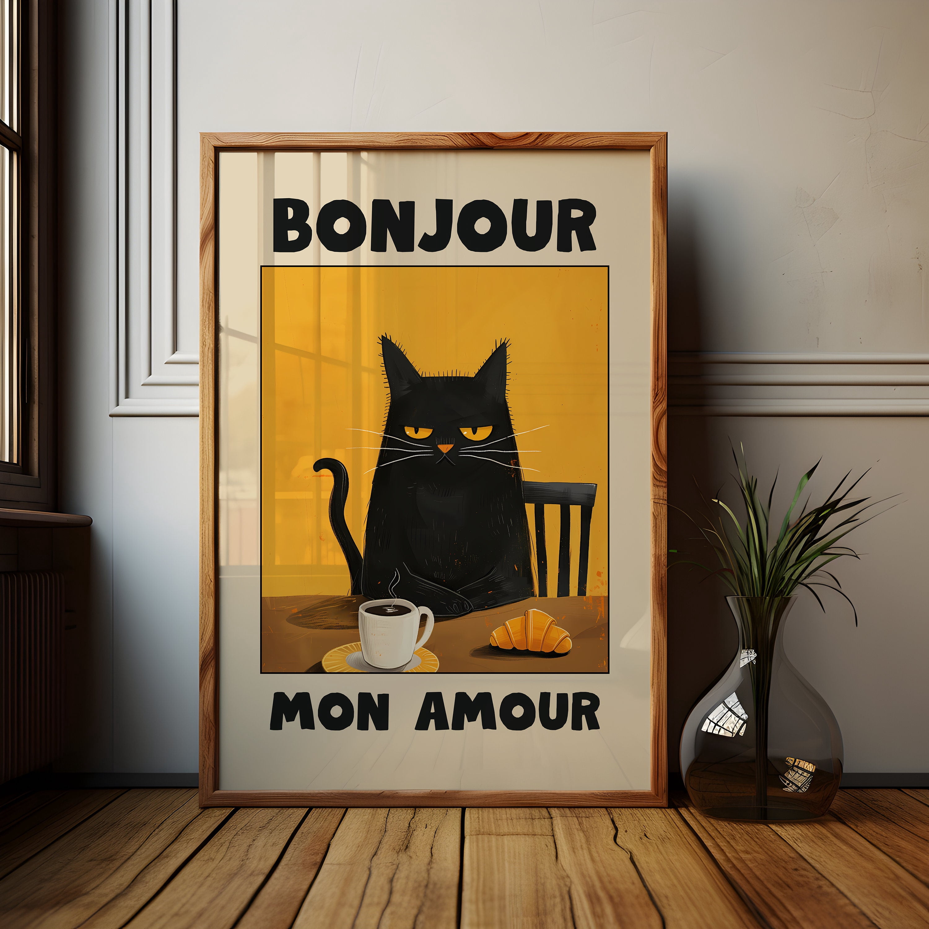 Affixzi Le Chat Noir Poster: Bonjour Mon Amour Black Cat Yellow Art ...