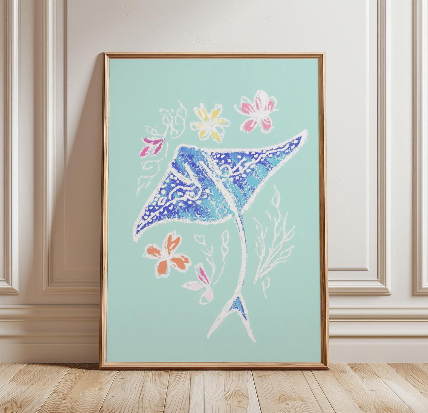 Affixzi Manta Ray Wall Art Print, Blue Minimal Sea Illustration ...