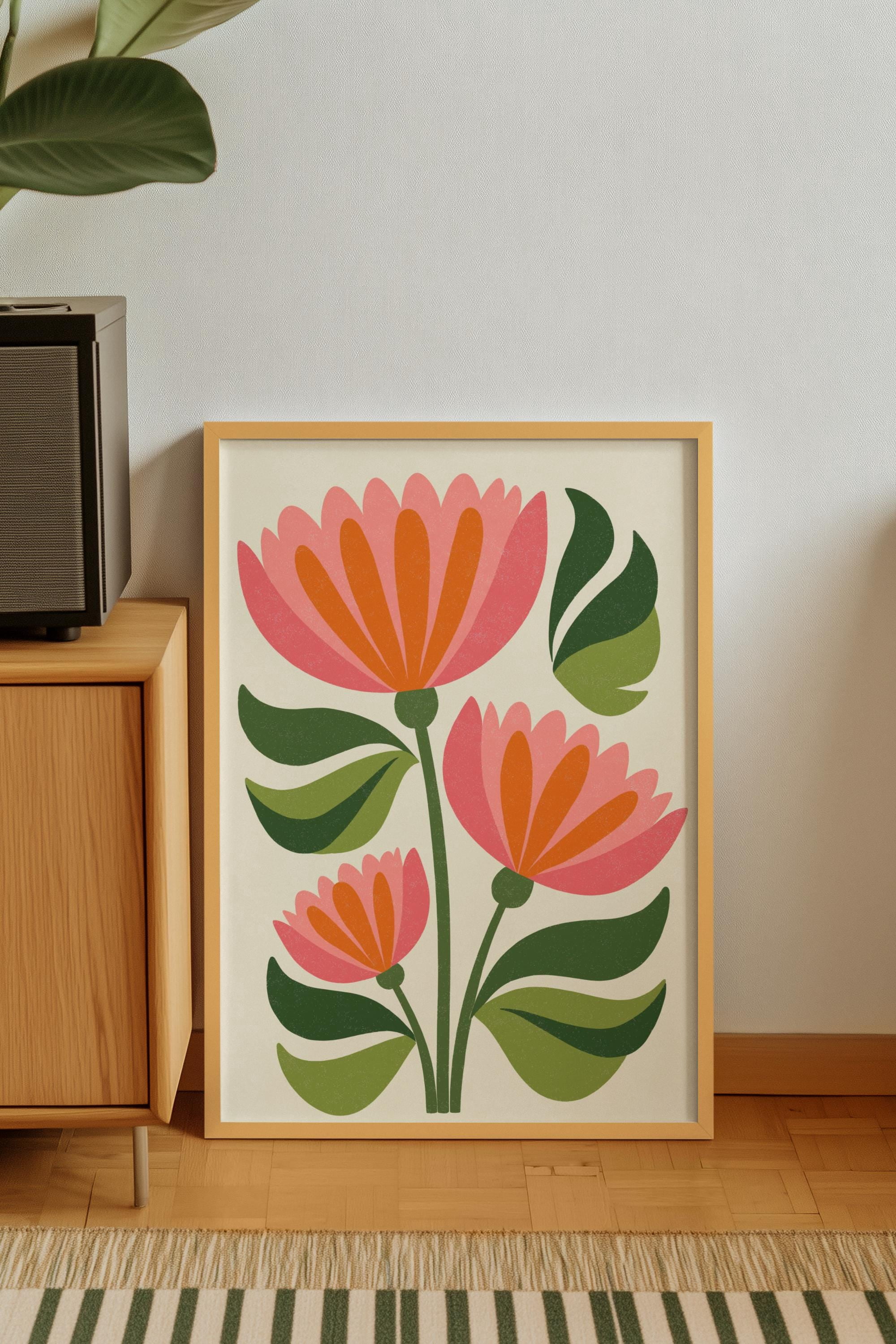 Affixzi Mid-Century Modern Floral Artwork | Pink Scandinavian Flower ...