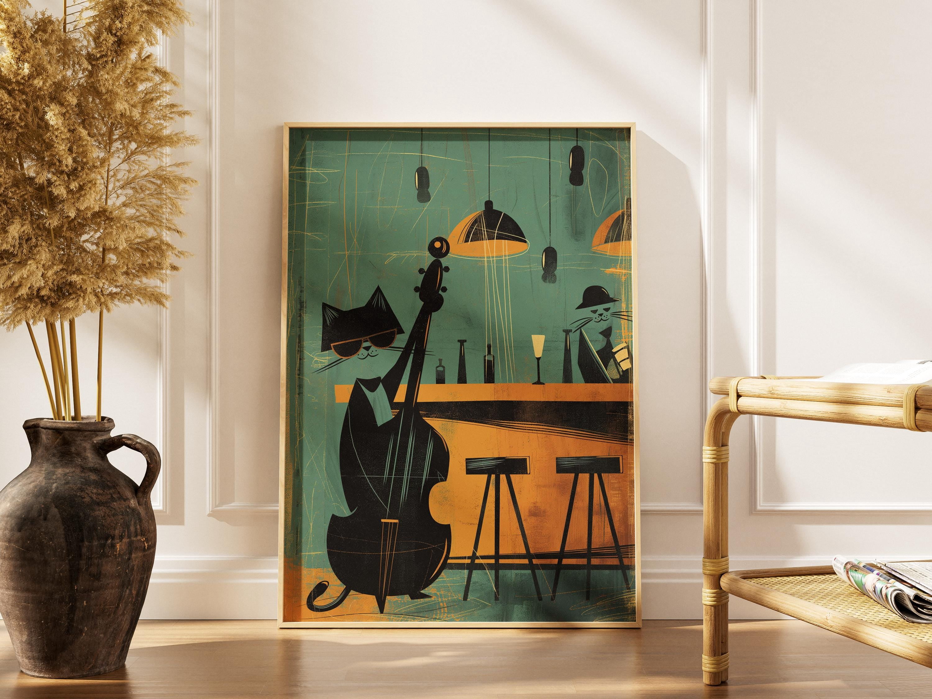 Affixzi Mid Century Modern Jazz Cat Poster, Retro Bar Wall Art, Vintage ...