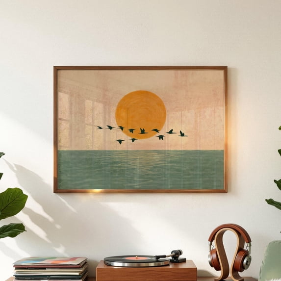 Affixzi Mid Century Modern Rising Sun Above Bed Art, Japanese Abstract ...