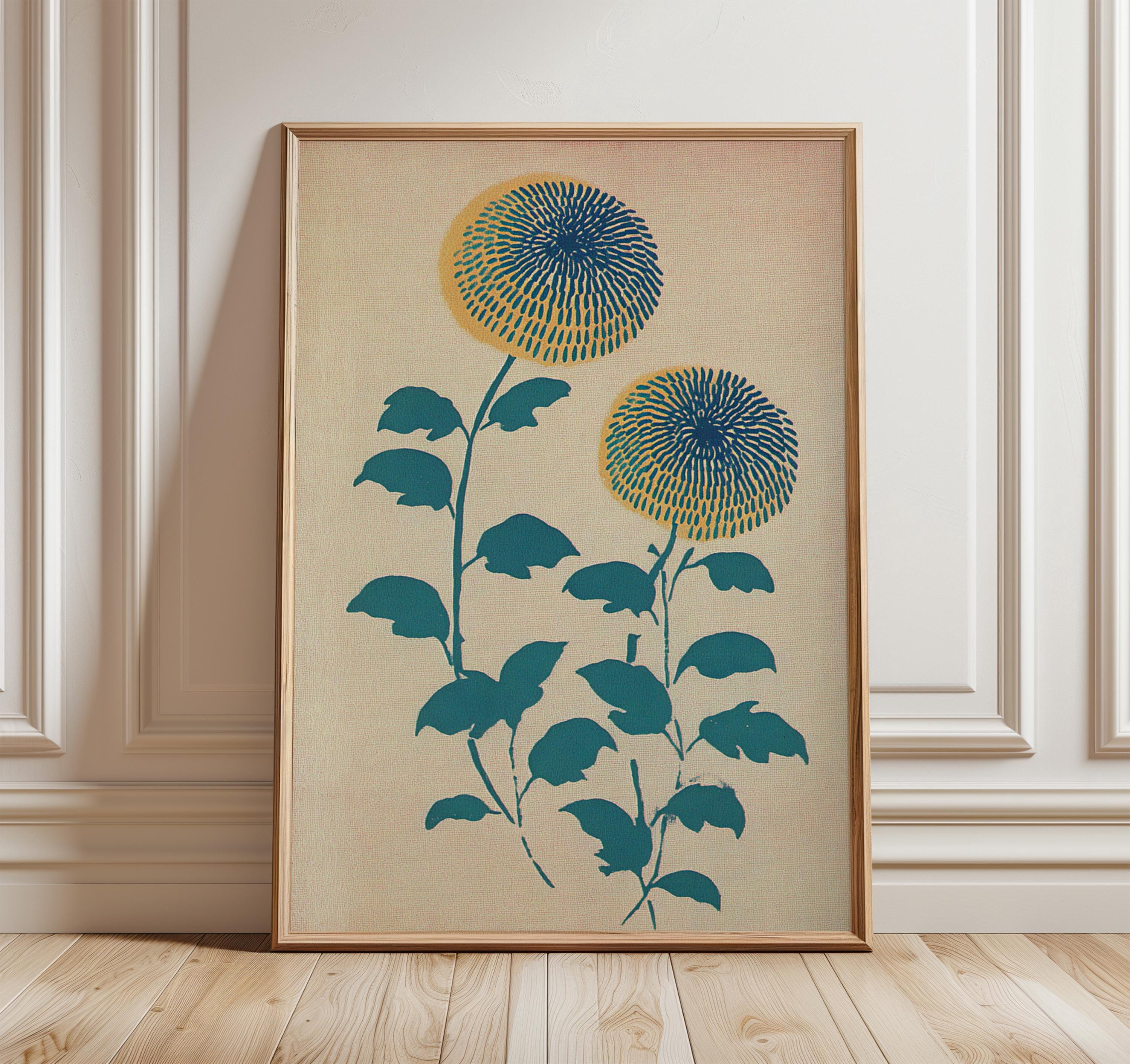 Affixzi Modern Botanical Art Print - Yellow and Blue Chrysanthemum Wall ...