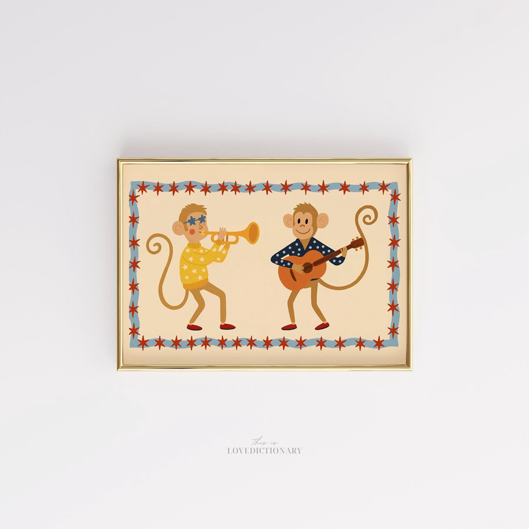 Affixzi Monkey Band Wall Art Print, Musical Animal Poster, Vintage ...