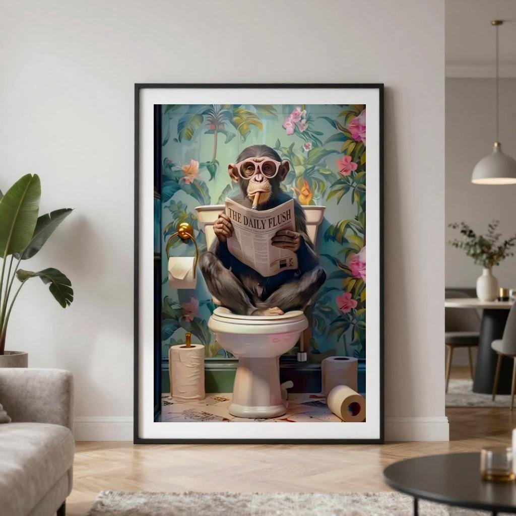 Affixzi Monkey Bathroom Poster, Jungle Animal Print, Guest Toilet Wall ...