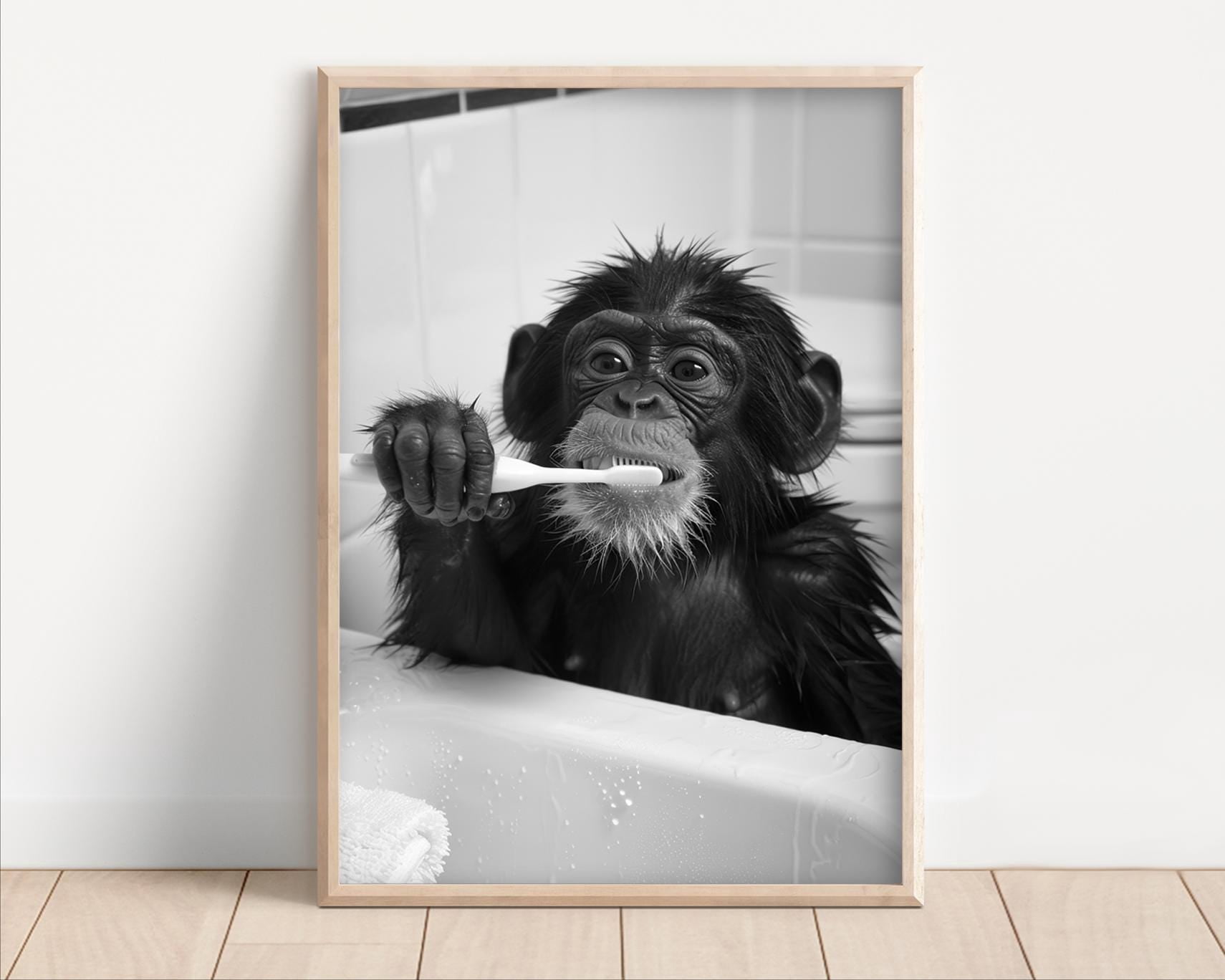 Affixzi Monkey Brushing Teeth Print, Vintage Bathroom Wall Art ...