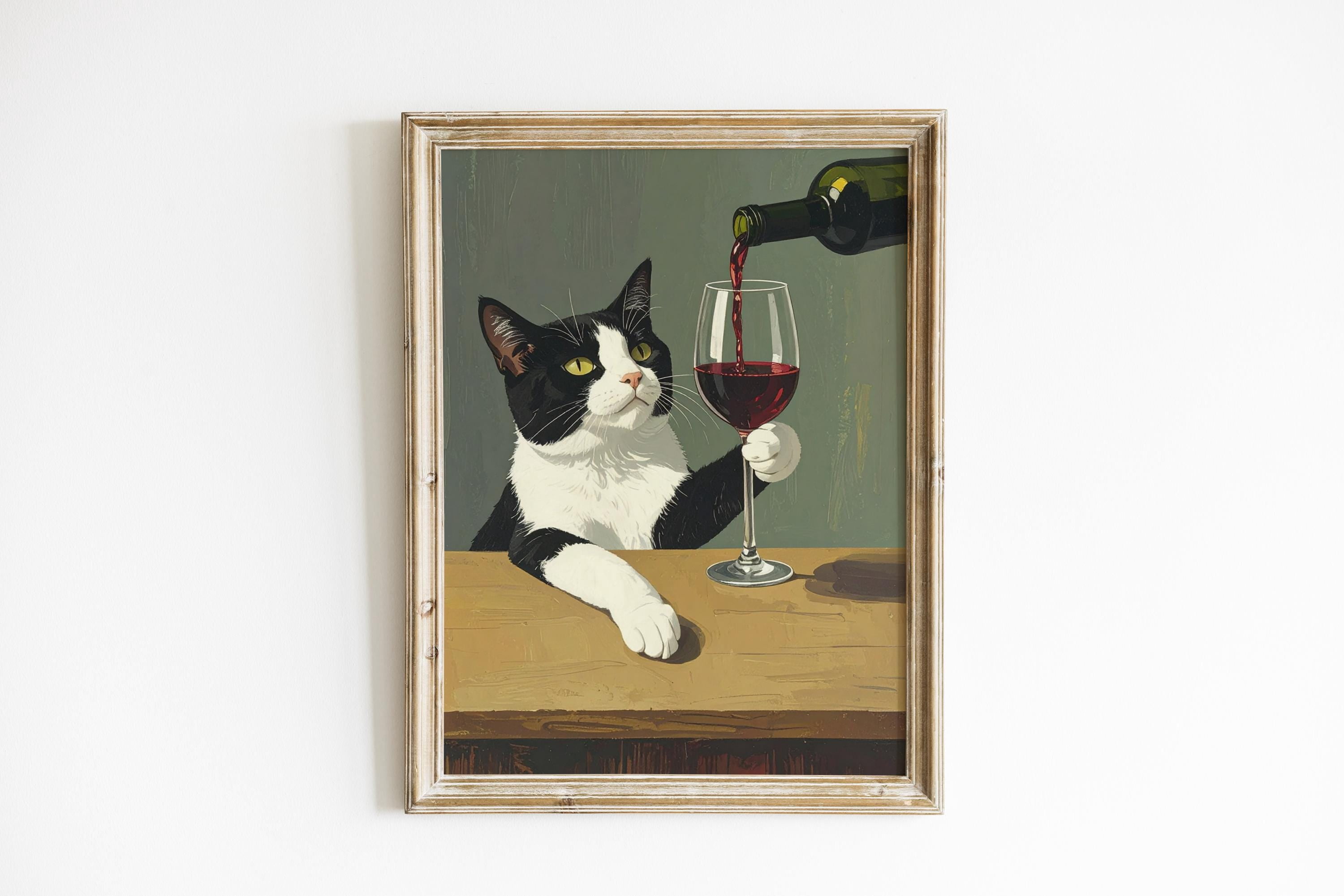 Affixzi Moody Tuxedo Cat Style Print Funny Cat Drinking Wine Poster ...