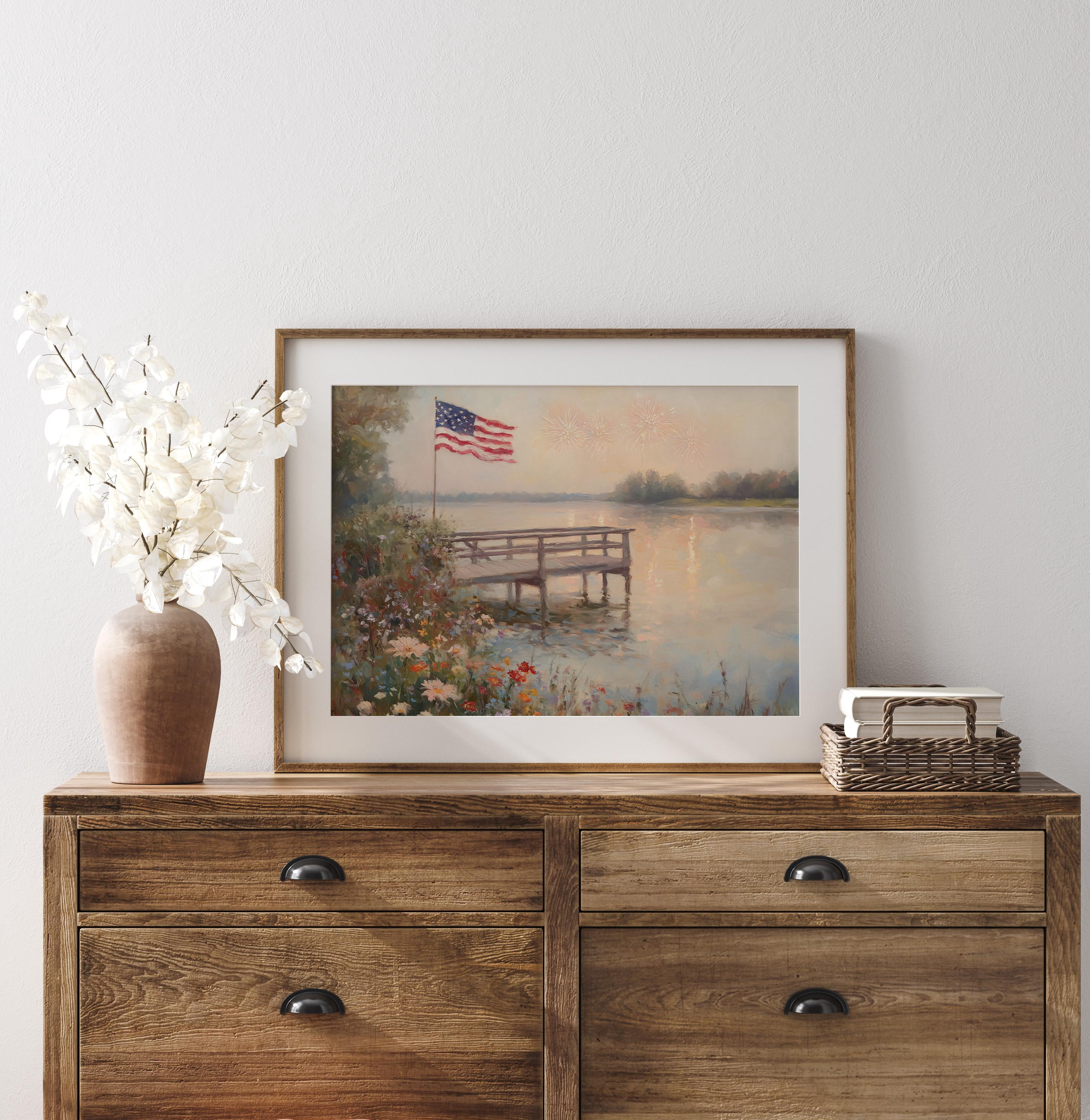 Affixzi Neutral Coastal 4th of July Wall Art Print, Muted American Flag ...