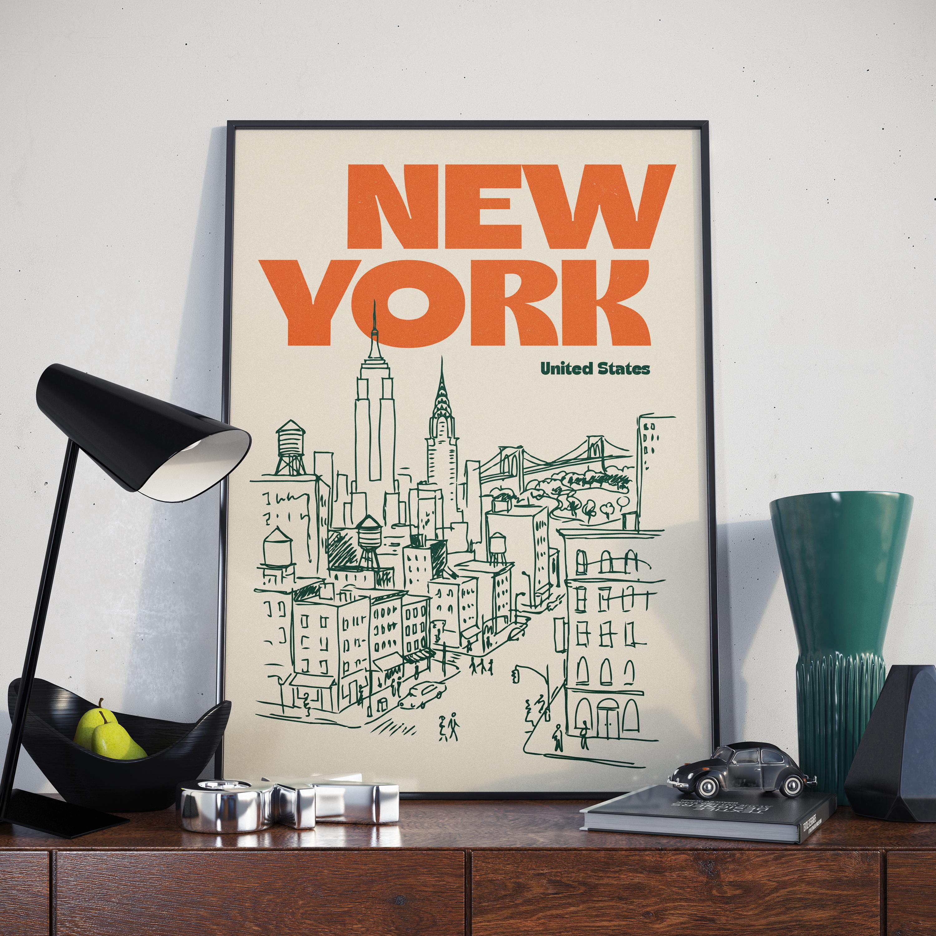 Affixzi New York United States Illustration Print, Retro City Sketch ...