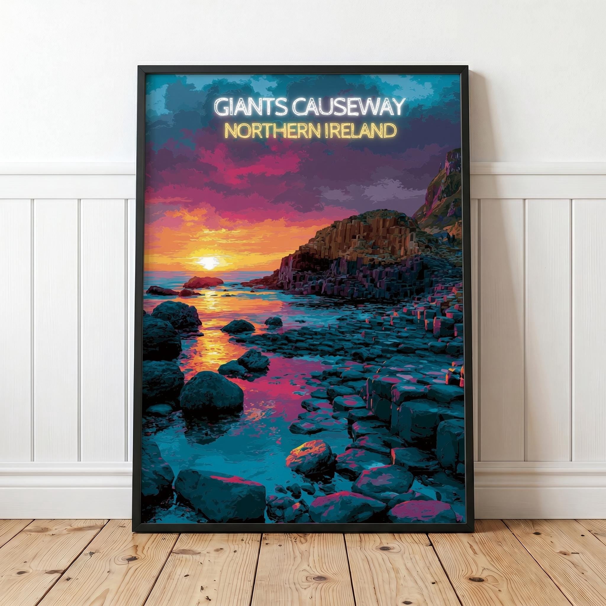 Affixzi Northern Ireland Travel Poster, Giants Causeway Sunset ...
