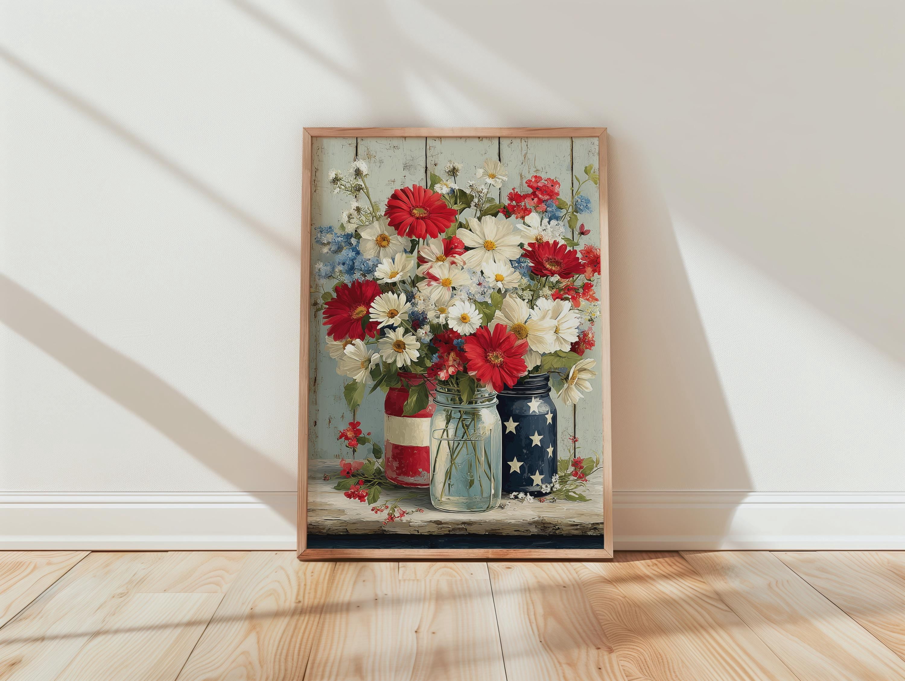 Affixzi Patriotic Floral Mason Jar Wall Art Print, Rustic Farmhouse ...