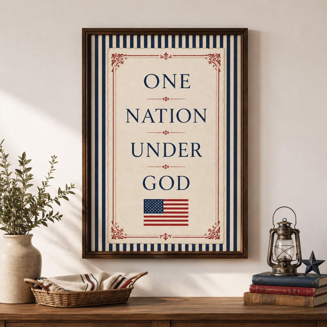 Affixzi Patriotic Poster, Vintage Americana USA Flag Print, One Nation ...
