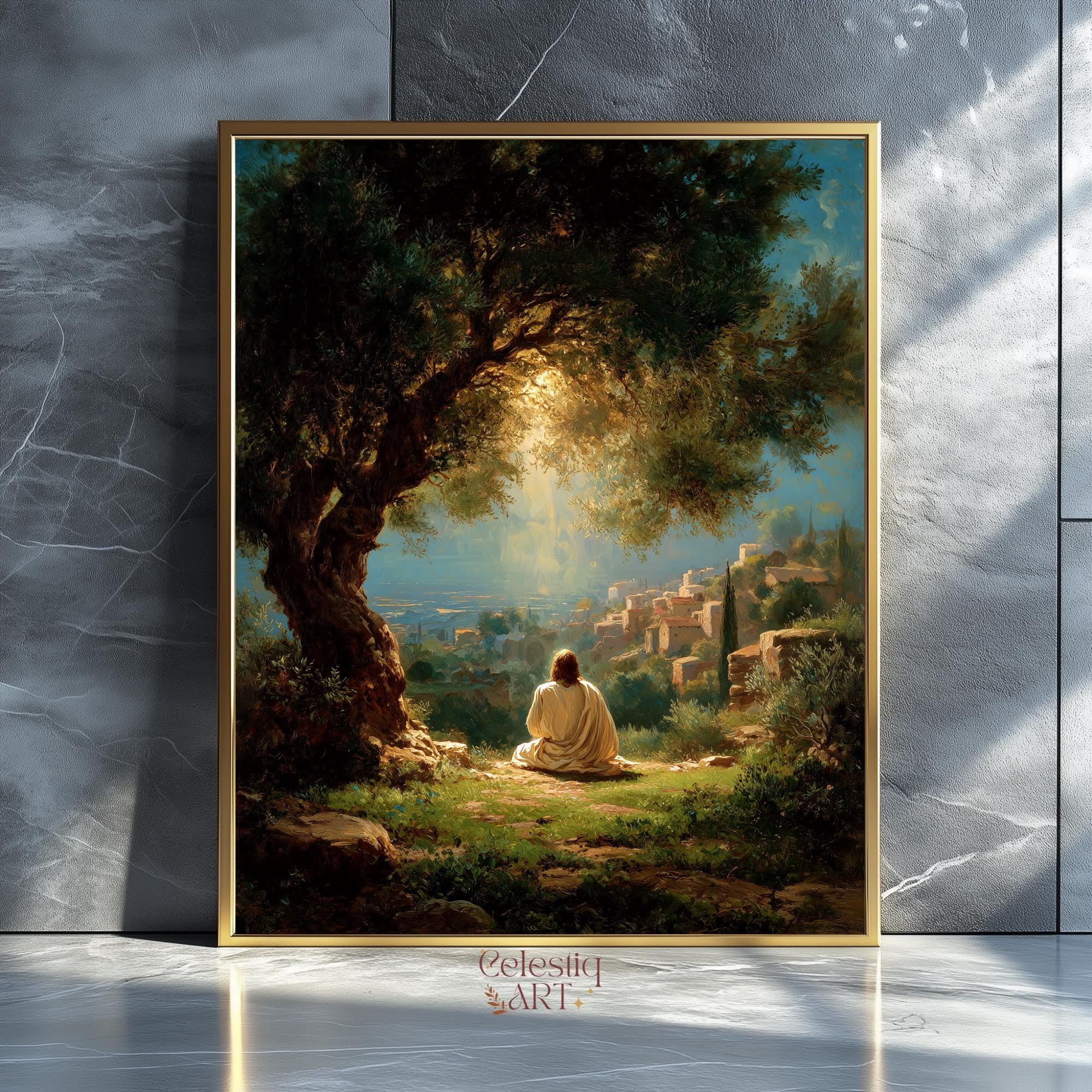 Affixzi Peaceful Christian Wall Art Featuring Jesus Under Olive Tree ...