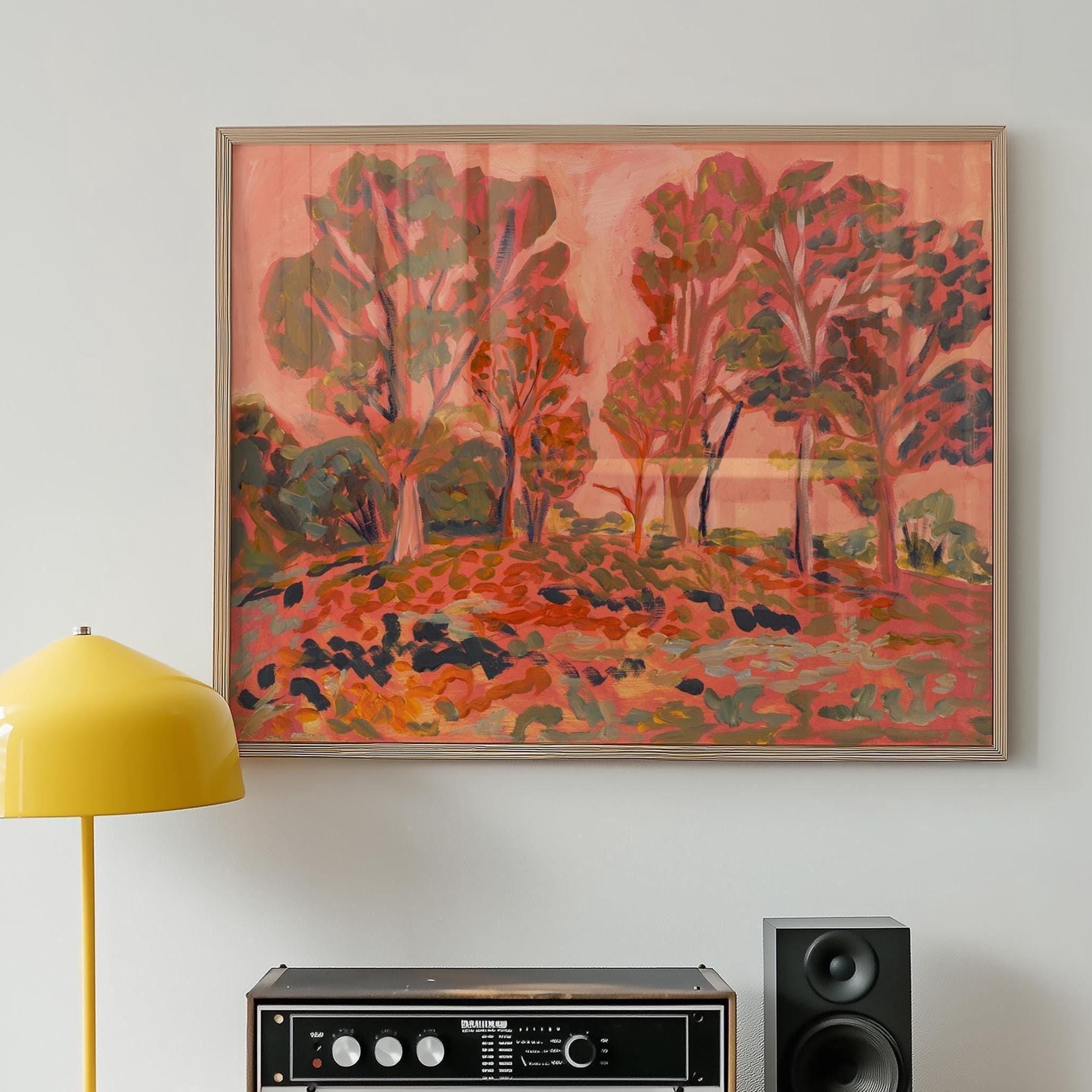 Affixzi Pink Western Landscape Art Print: Vintage Retro Forest, Mid ...