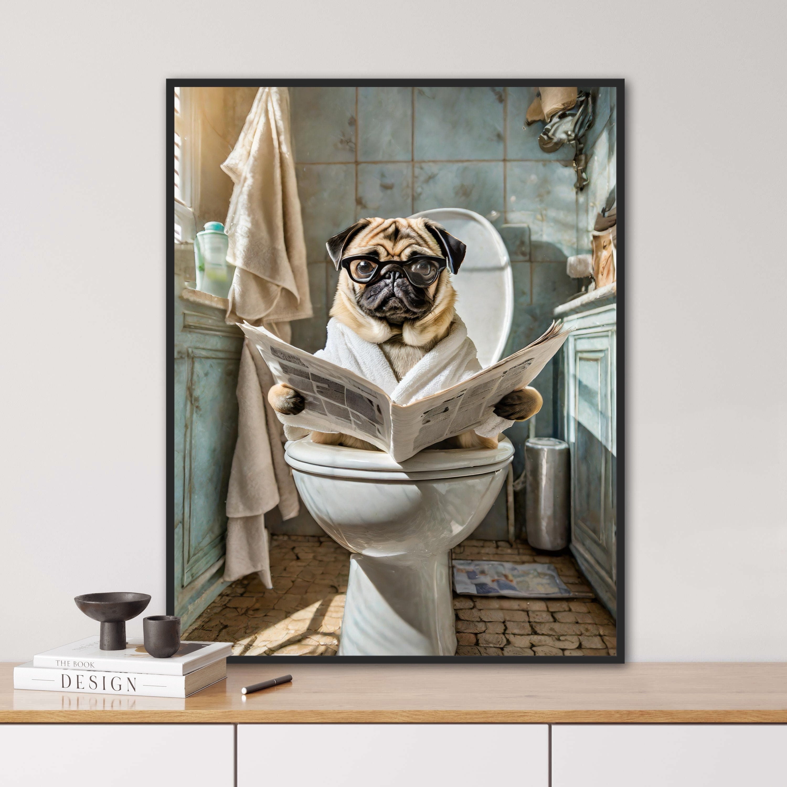 Affixzi Pug Toilet Animal Portrait, Digi Art Poster, Newspaper Style ...