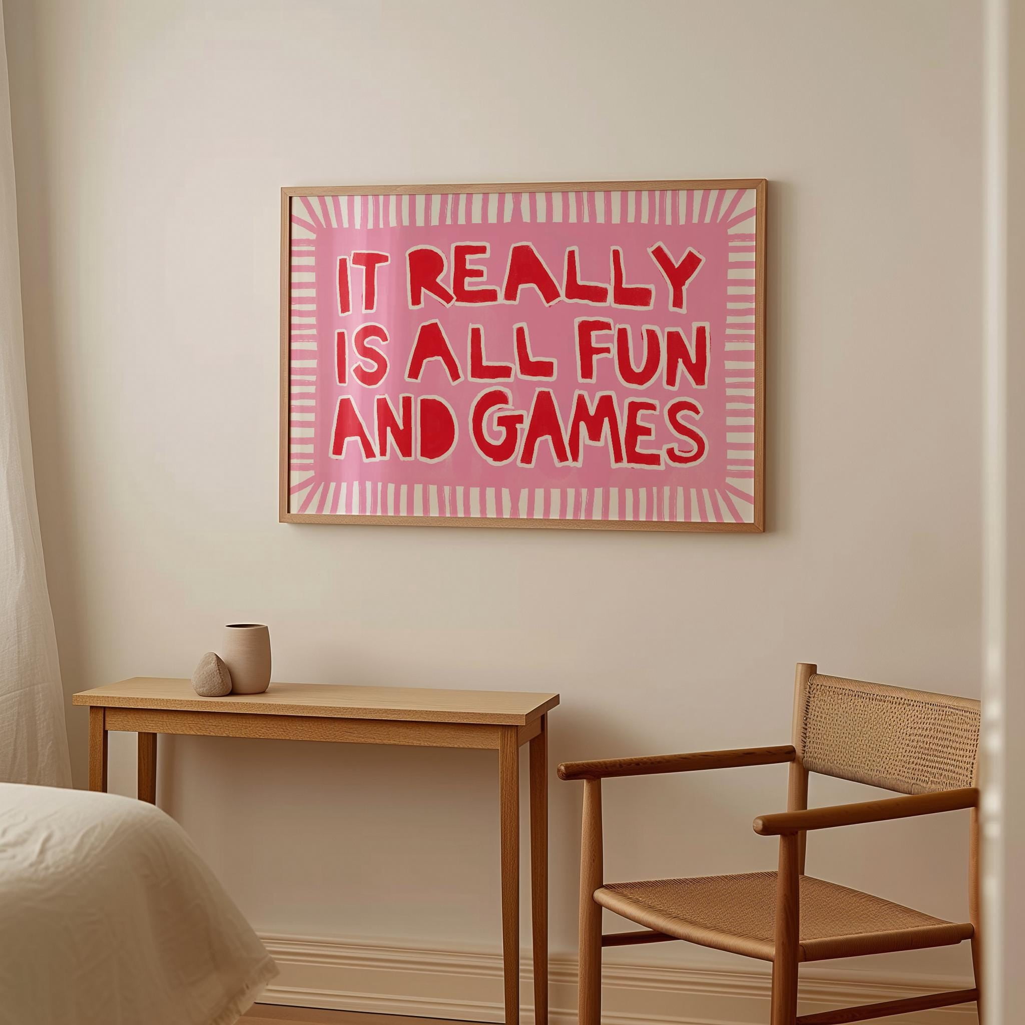 Affixzi Quote Print, Pink & Red Inspirational Wall Art, Fun and Games ...