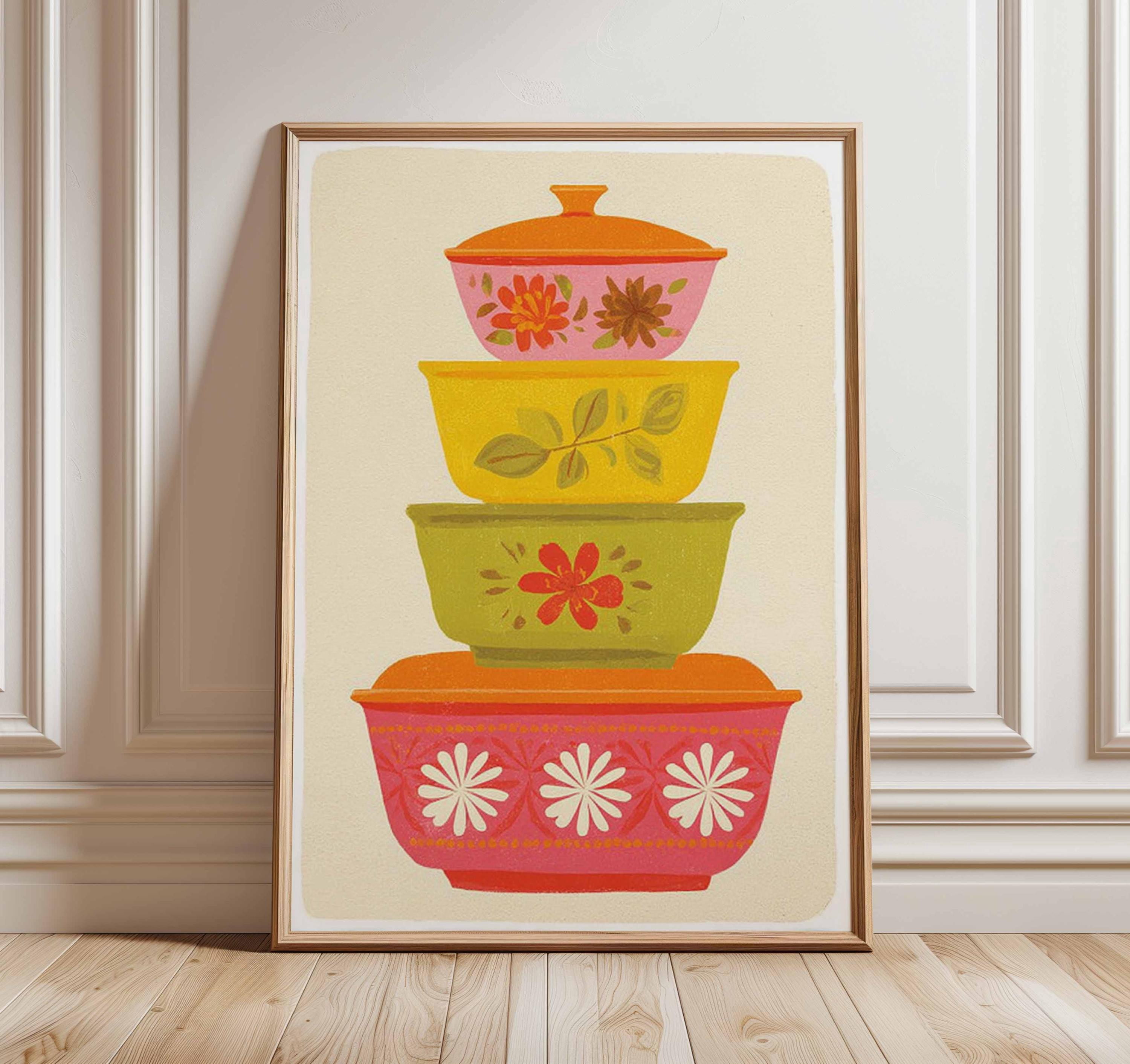 Affixzi Retro Pyrex Poster, Mid Century Kitchen Wall Art, Vintage Bowl ...
