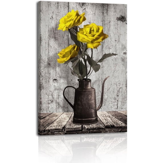 Affixzi Rustic Rose Wall Art, Vintage Yellow Flower in Vase, Black and ...