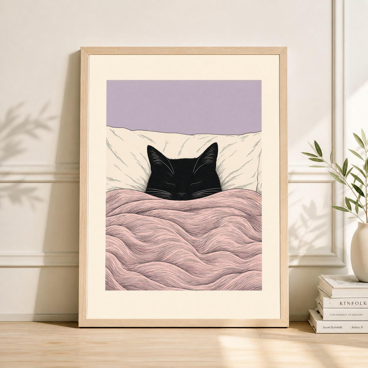 Affixzi Sleeping Black Cat Art Print, Cozy Bedroom Decor, Minimalist ...
