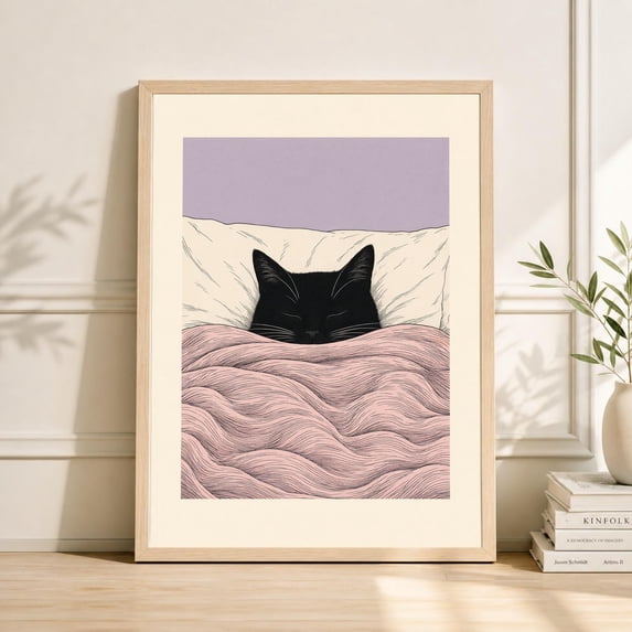 Affixzi Sleeping Black Cat Art Print, Cozy Bedroom Decor, Minimalist ...