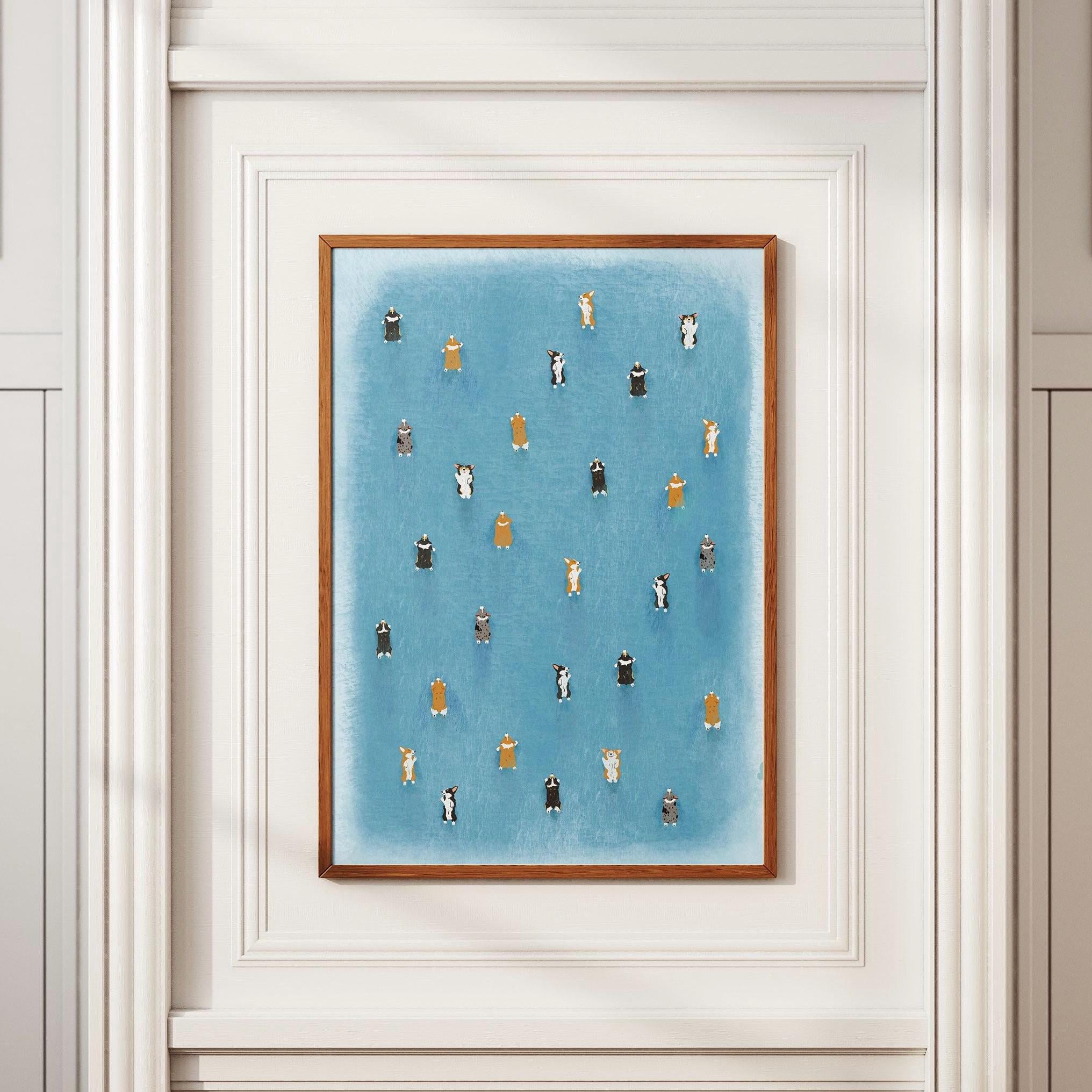 Affixzi Swimming Corgis Art, Cute Dog Pool Party, Whimsical Blue Wall ...