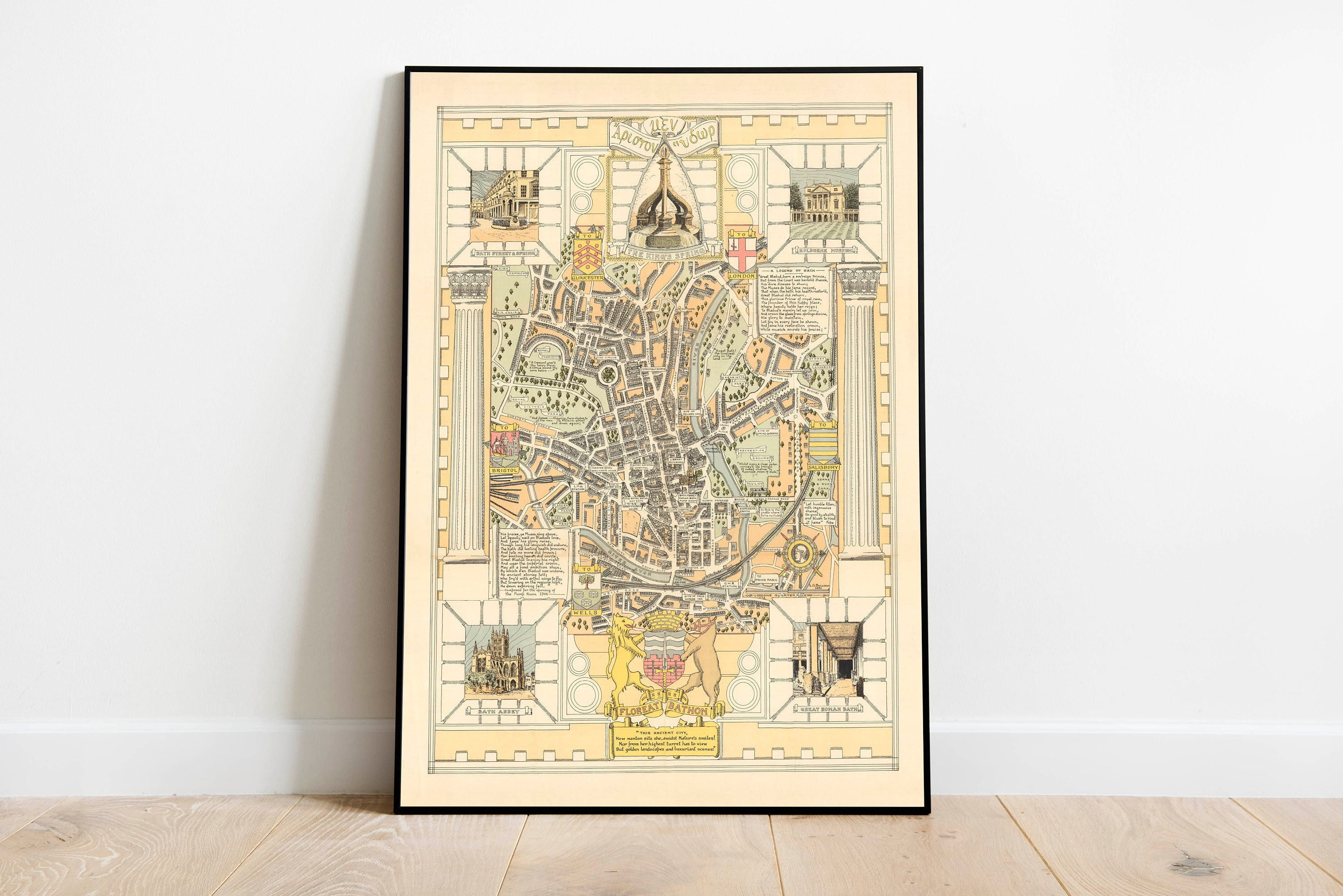 Affixzi Vintage 1930 Bath Map Print, Art History Wall Art, Unframed ...