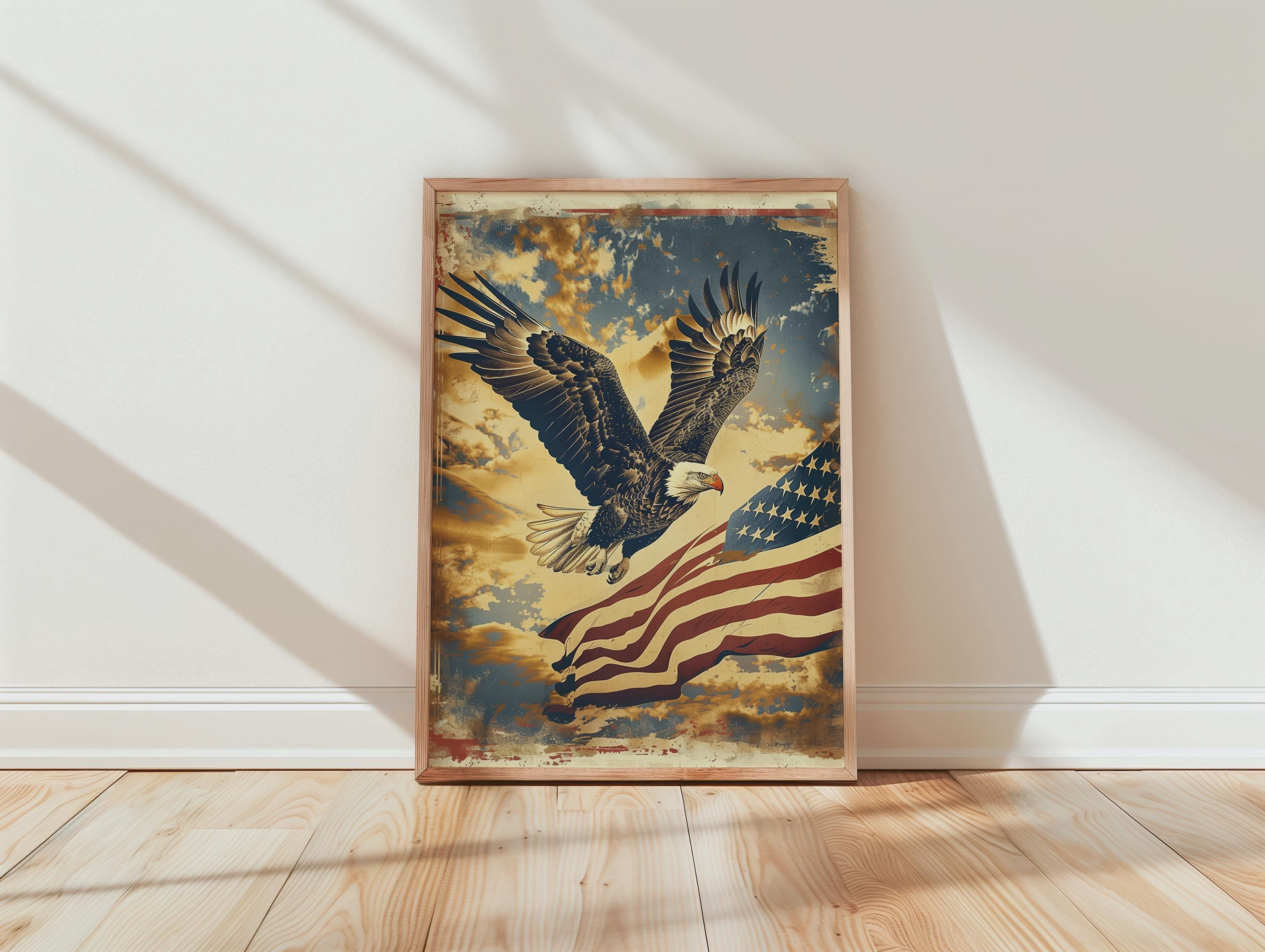 Affixzi Vintage Bald Eagle American Flag Wall Art Print, Golden Beige ...