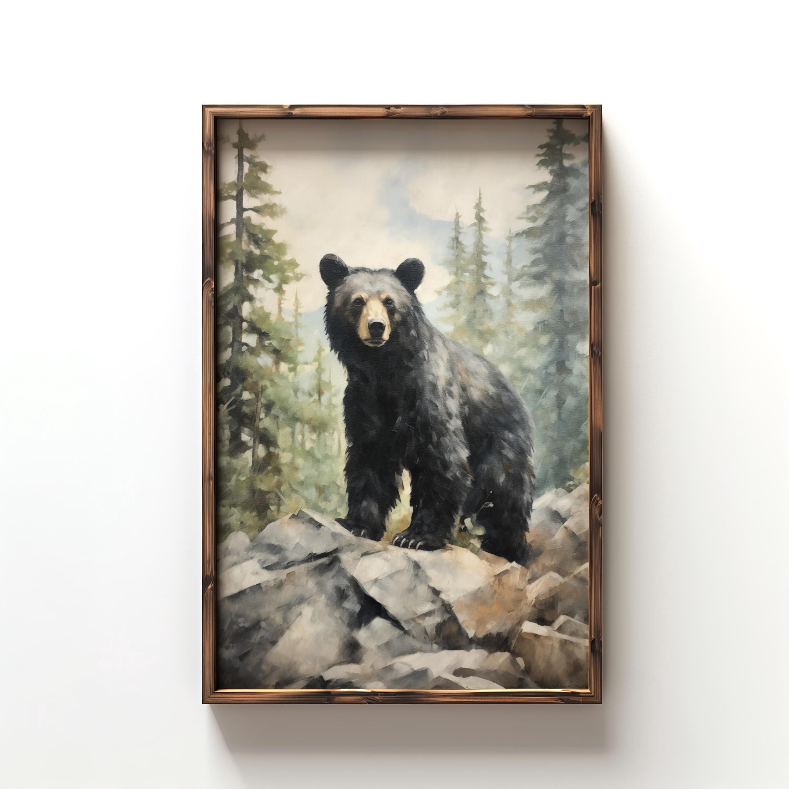 Affixzi Vintage Black Bear Wall Art Print Rustic Lodge Wildlife Artwork ...