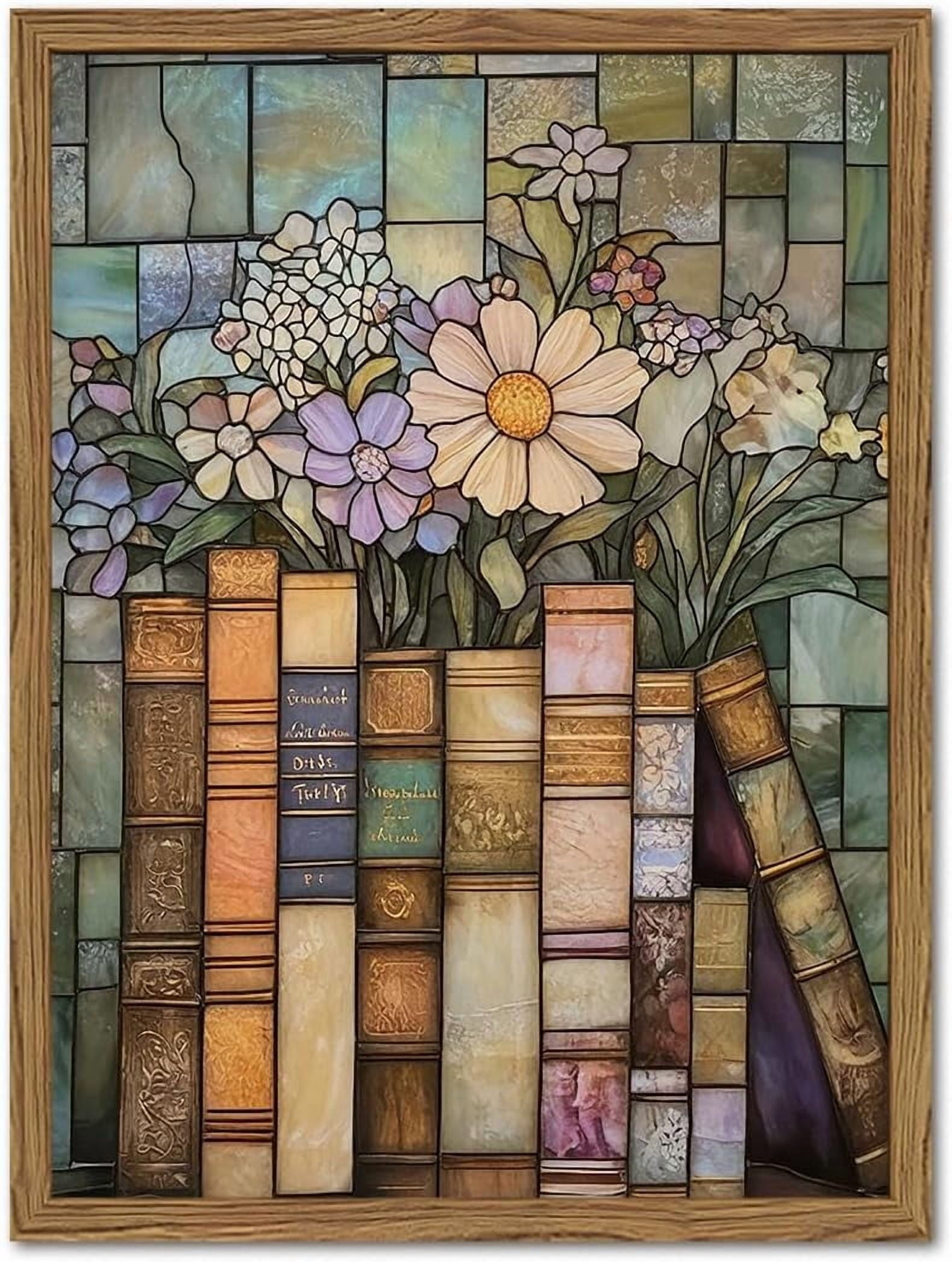 Affixzi Vintage Book Wildflower Wall Art Stained Glass Book Lover Decor ...