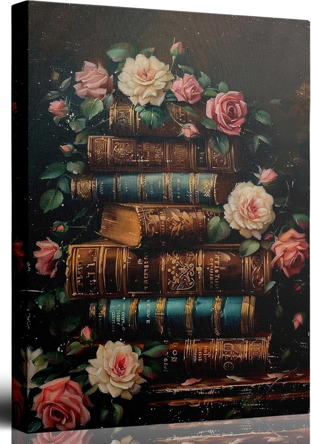 Affixzi Vintage Books & Roses Wall Art, Floral Book Stack Artwork ...