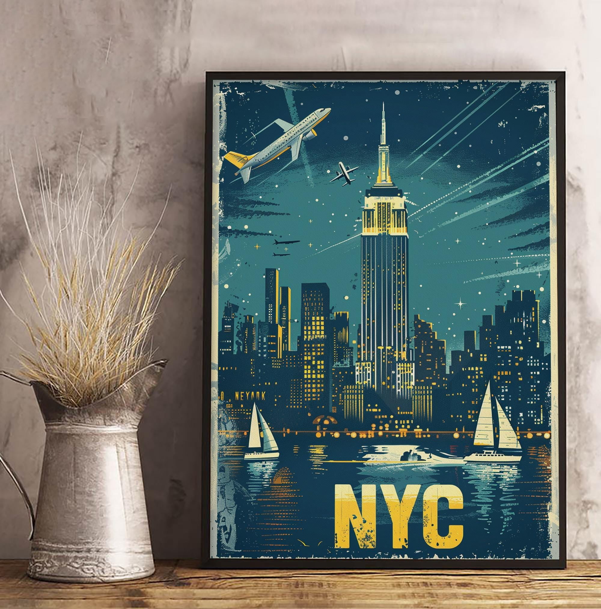 Affixzi Vintage City Travel Wall Art, New York Skyline Night Harbor ...
