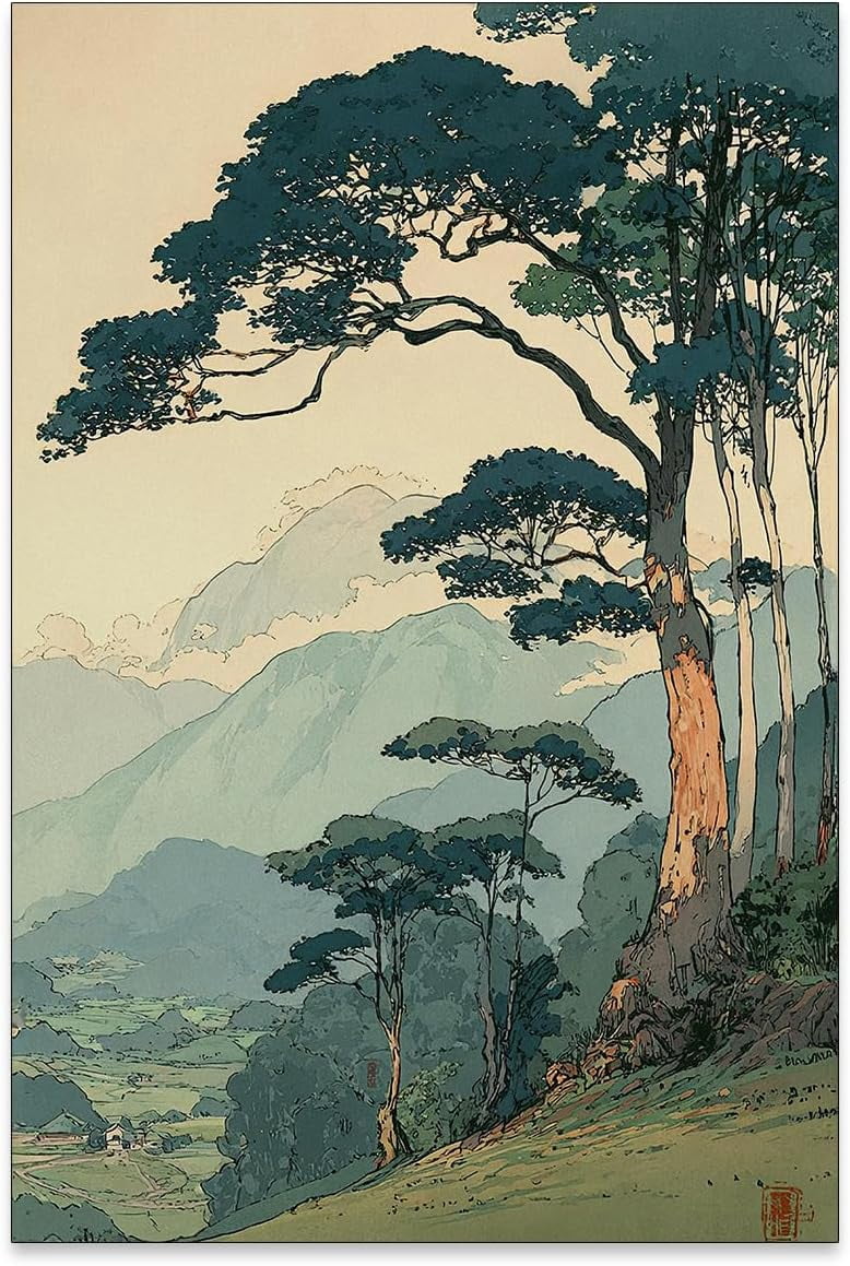 Affixzi Vintage Japanese Forest Wall Art, Tranquil Mountain Landscape ...