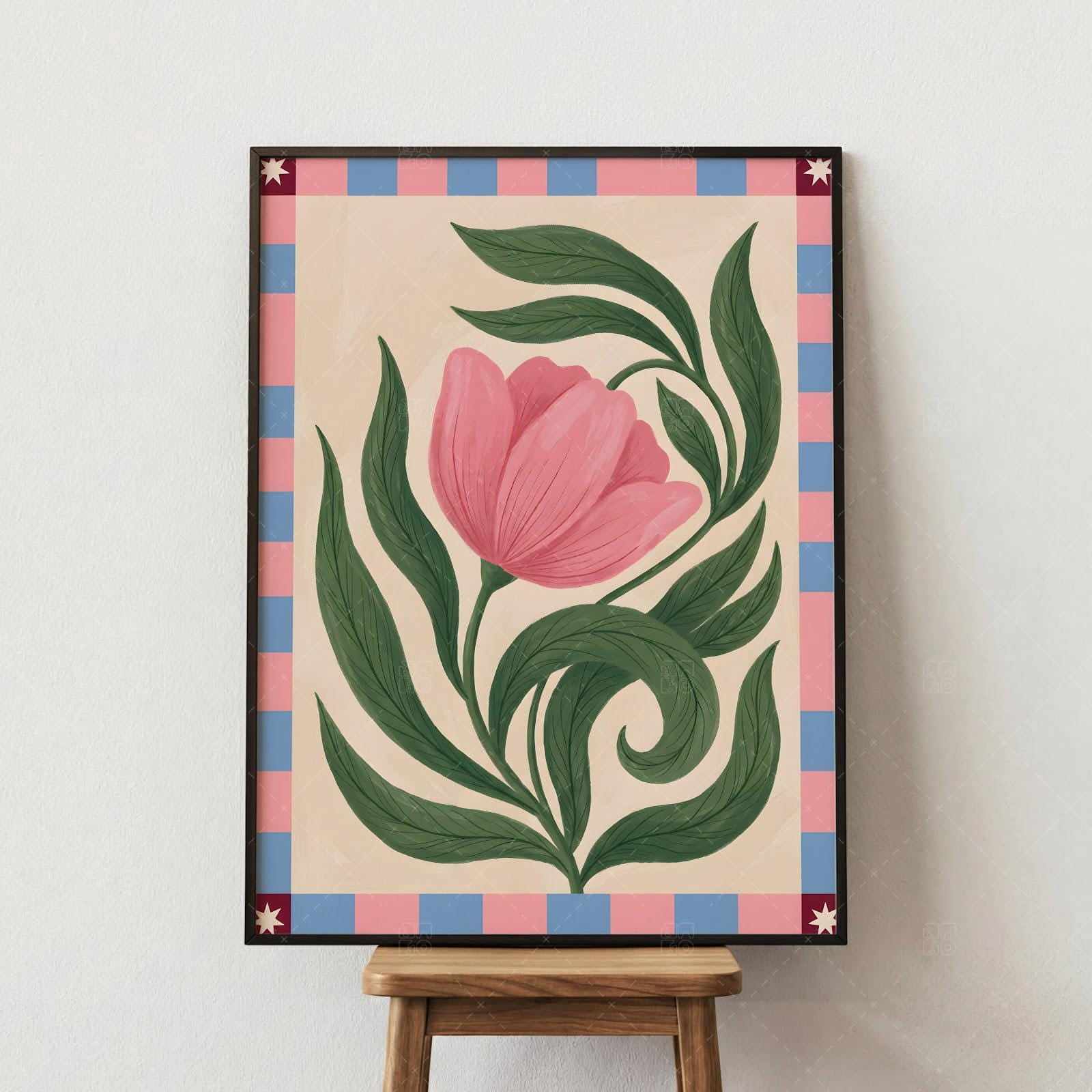 Affixzi Vintage Pink Tulip Art Print - Floral Wall Decor with Checkered ...