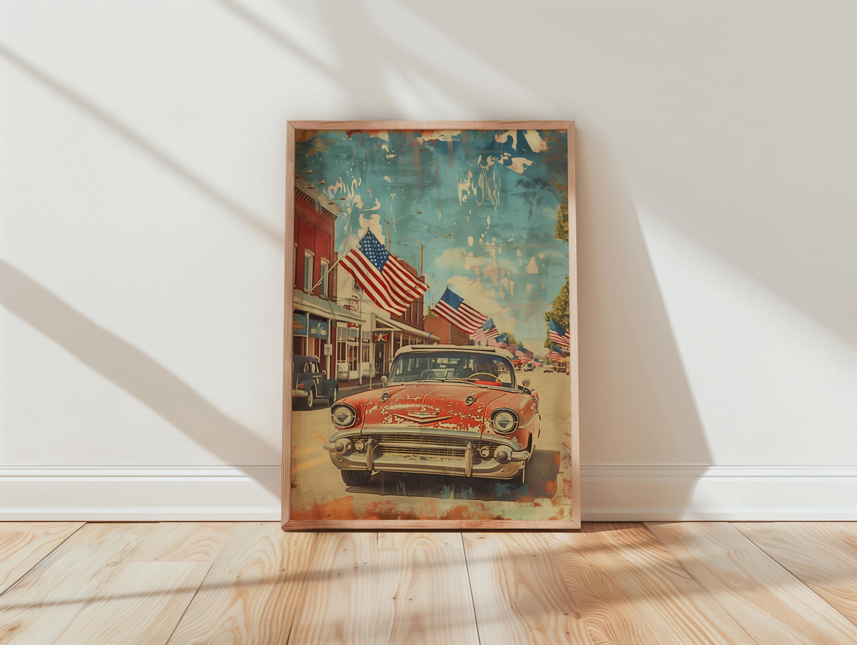 Affixzi Vintage Red Classic Car Americana Street Scene Print, Patriotic ...