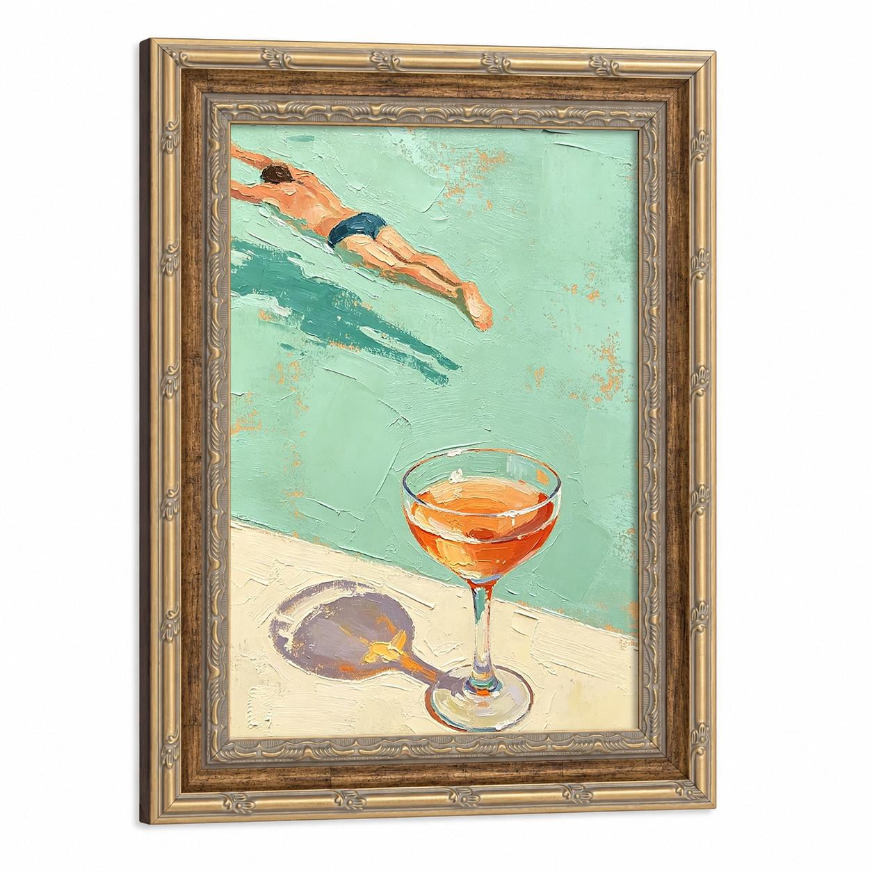 Affixzi Vintage Swimmer Cocktail Art Print, Teal Pool Wine Wall Art ...