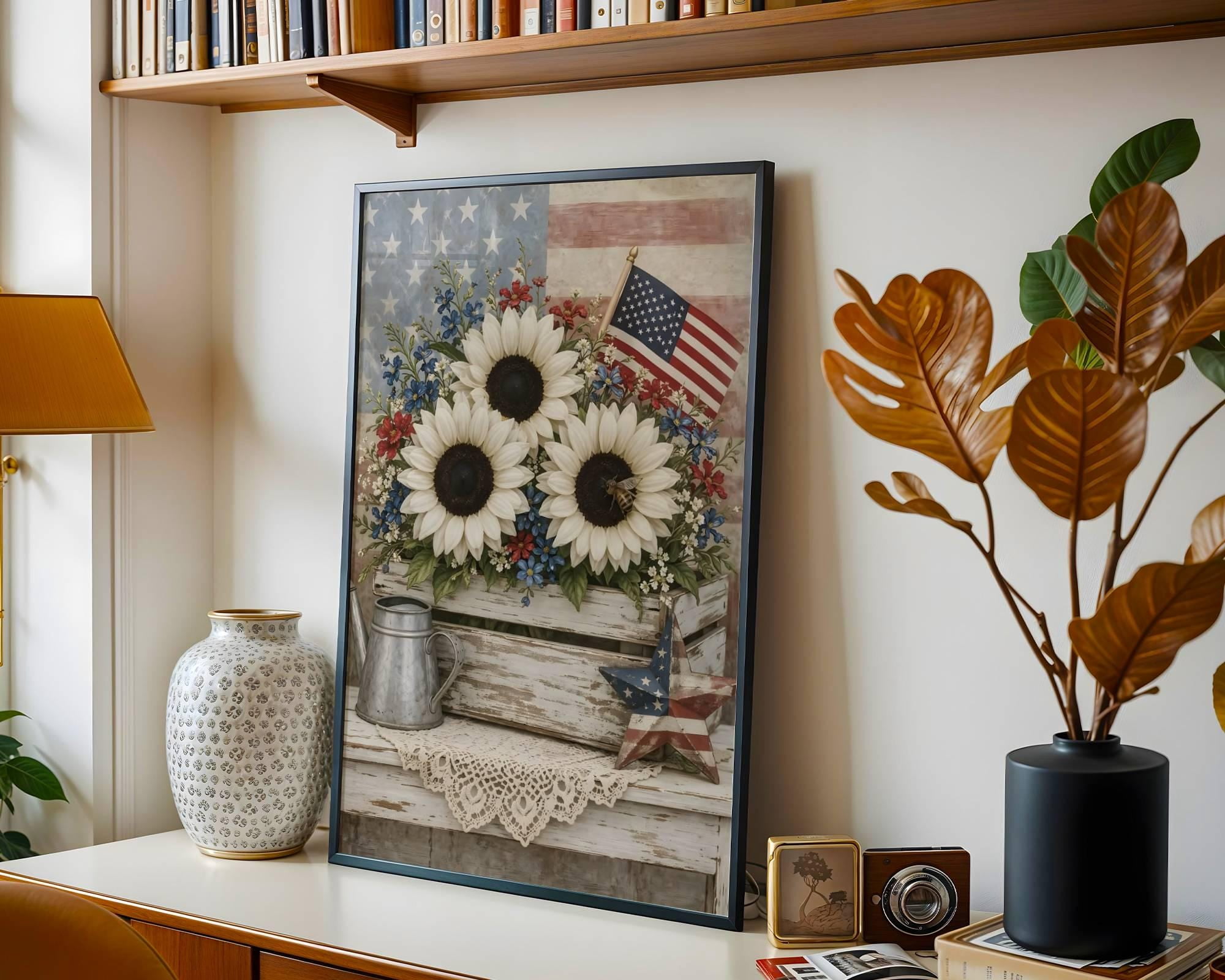 Affixzi Wall Art American Flag Sunflowers Rustic Primitive Americana ...