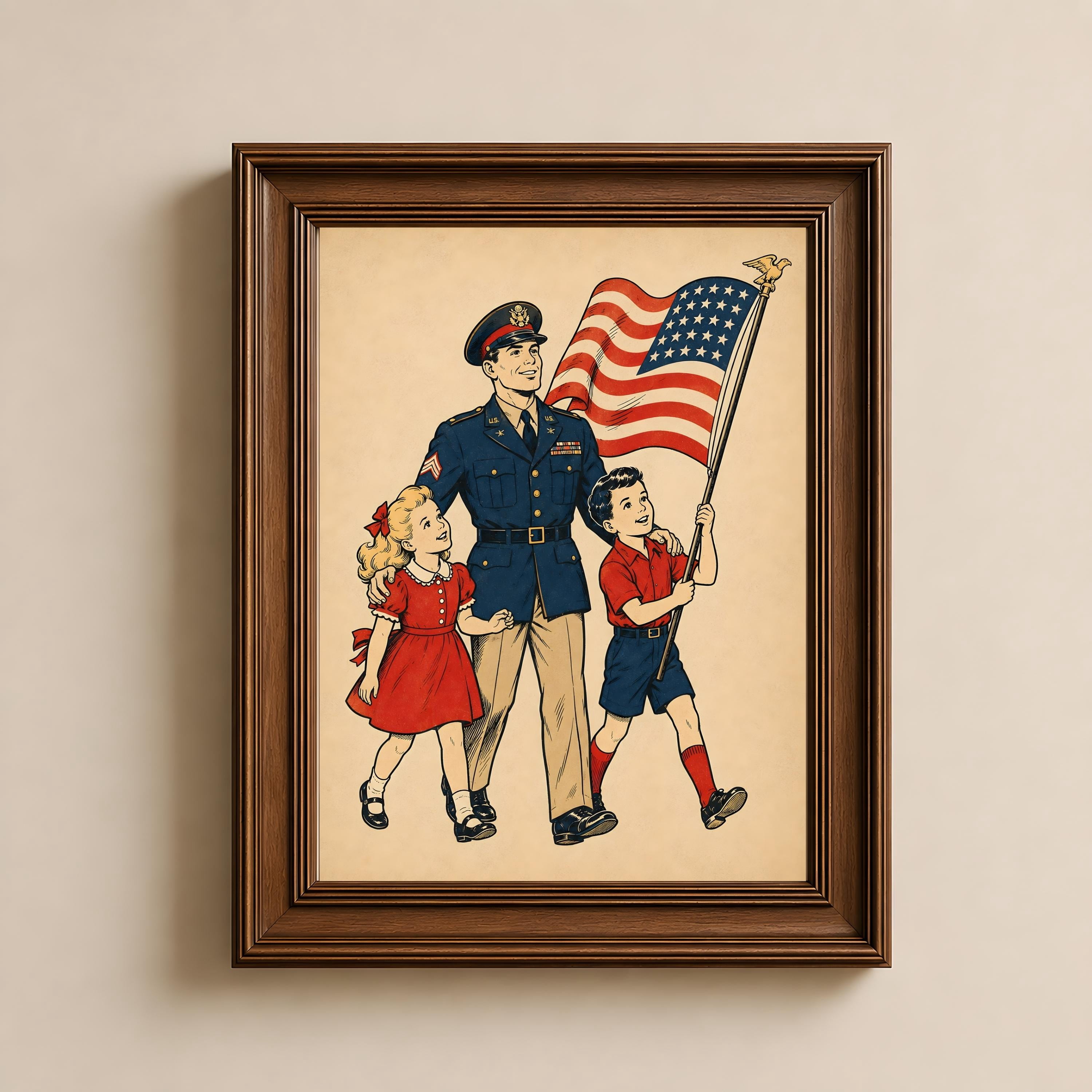 Affixzi Wall Art Patriotic Soldier Family US Flag Vintage 1950s ...