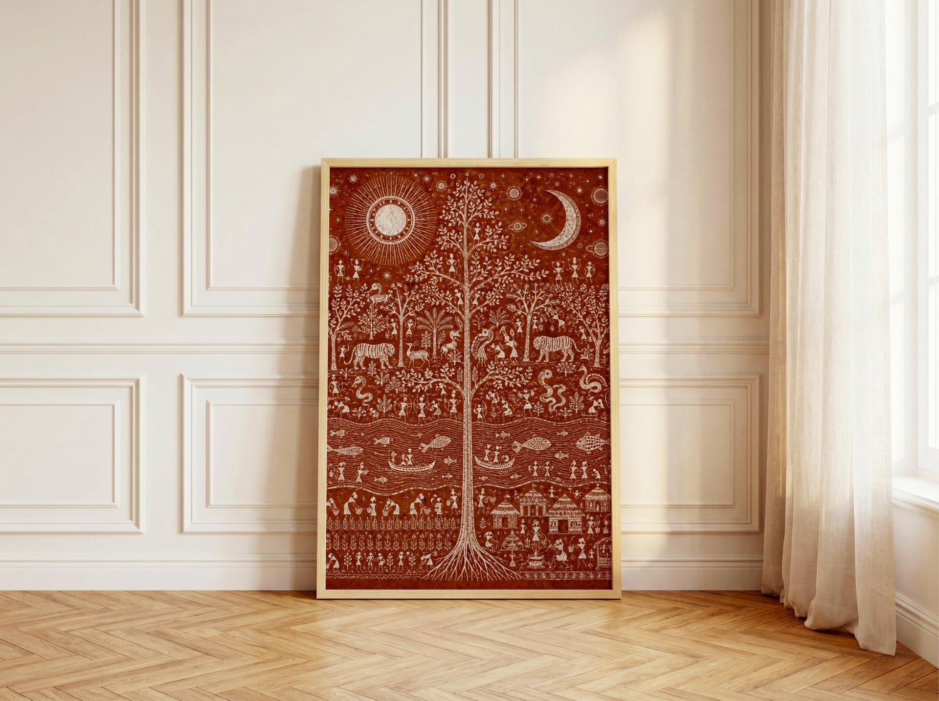 Affixzi Warli Tree of Life Print, Indian Folk Art Village Oak Giclée ...