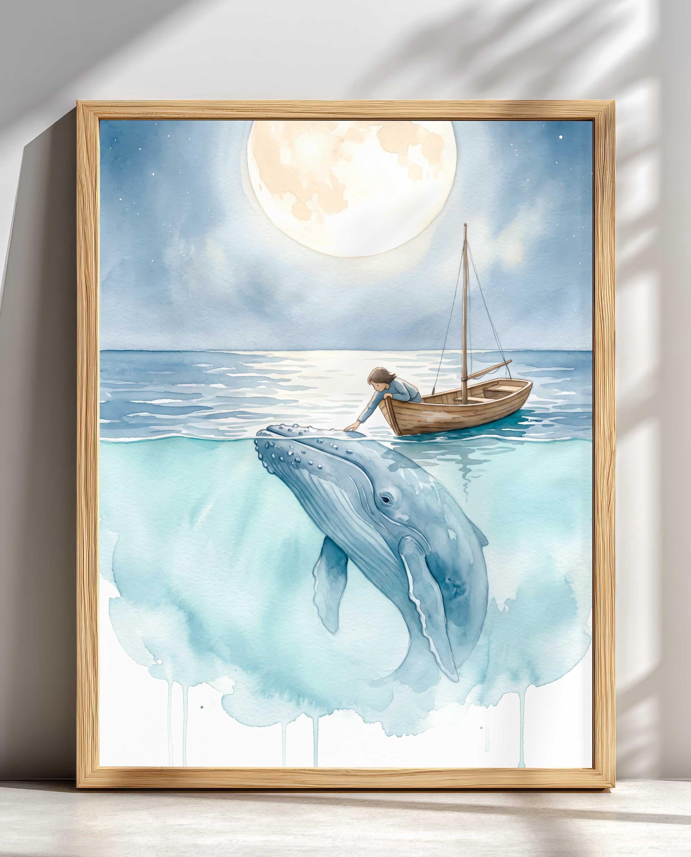 Affixzi Watercolor Wall Art Print, Whimsical Whale And Moon ...