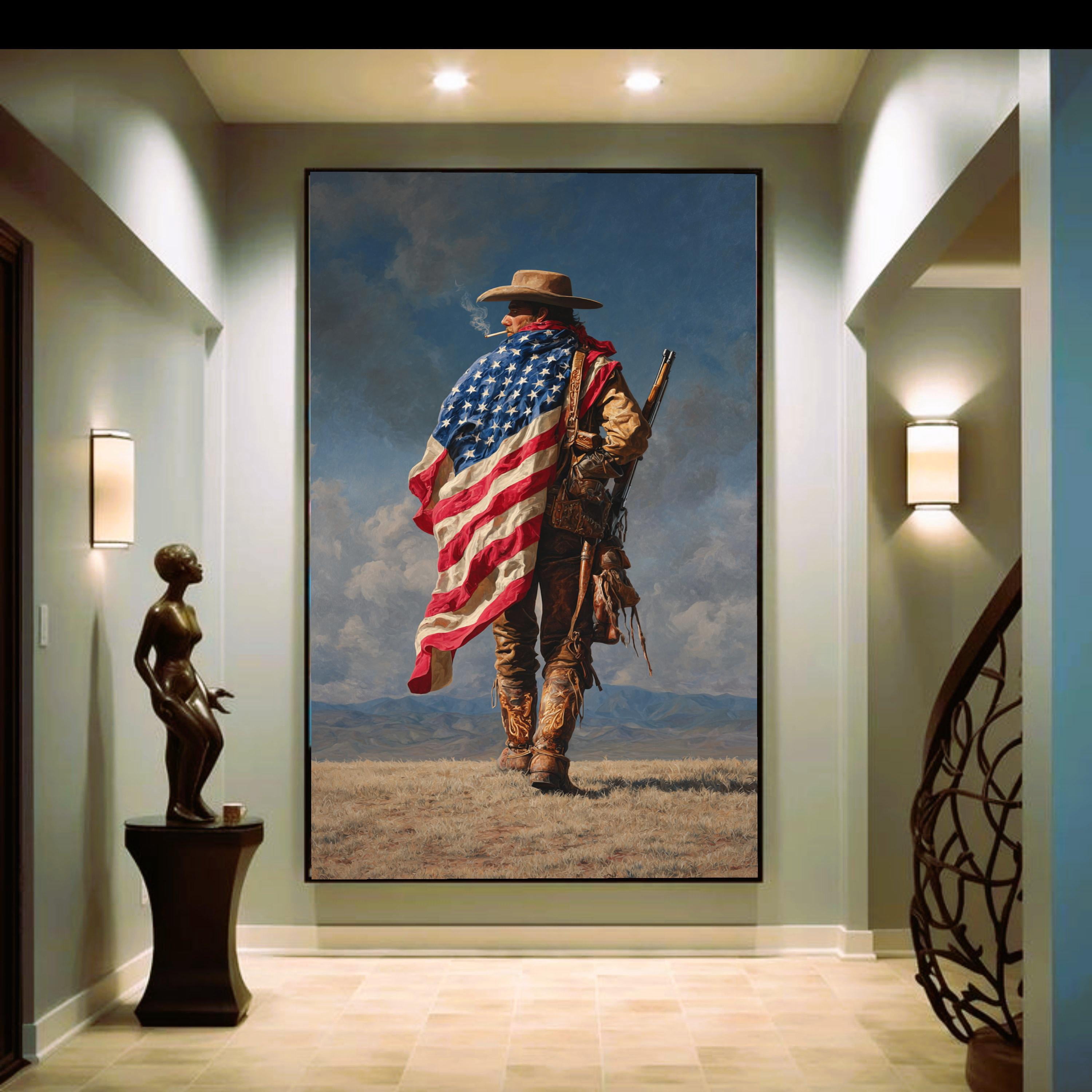 Affixzi Western Cowboy Canvas Wall Art, Patriotic American Flag Rancher ...