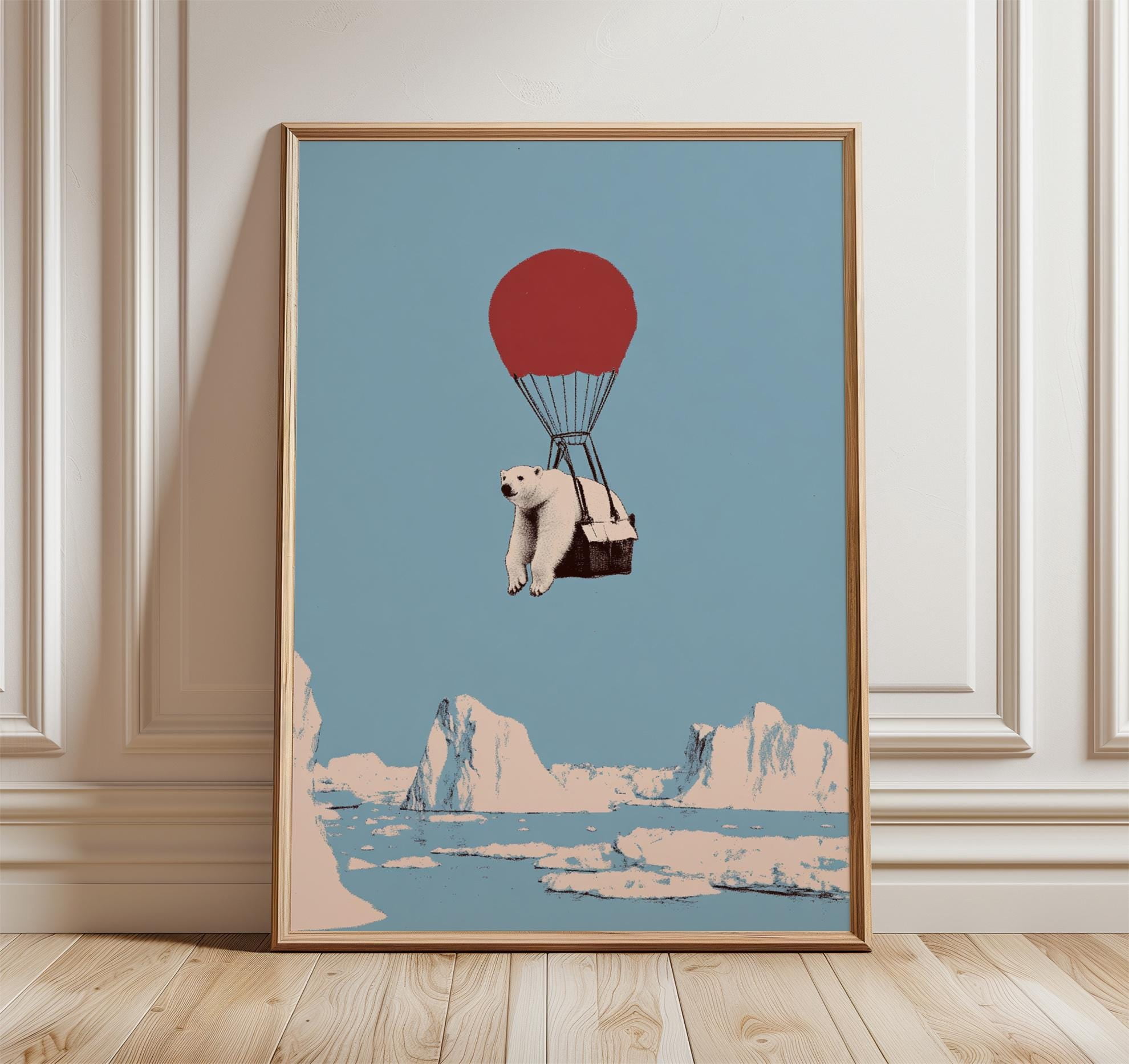 Affixzi Whimsical Polar Bear Wall Art Print, Hot Air Balloon Decor ...