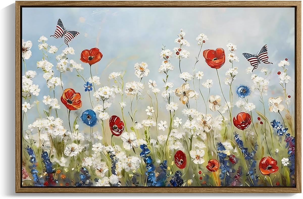 Affixzi Wildflower Field Wall Art, Red White Blue Butterfly Print ...