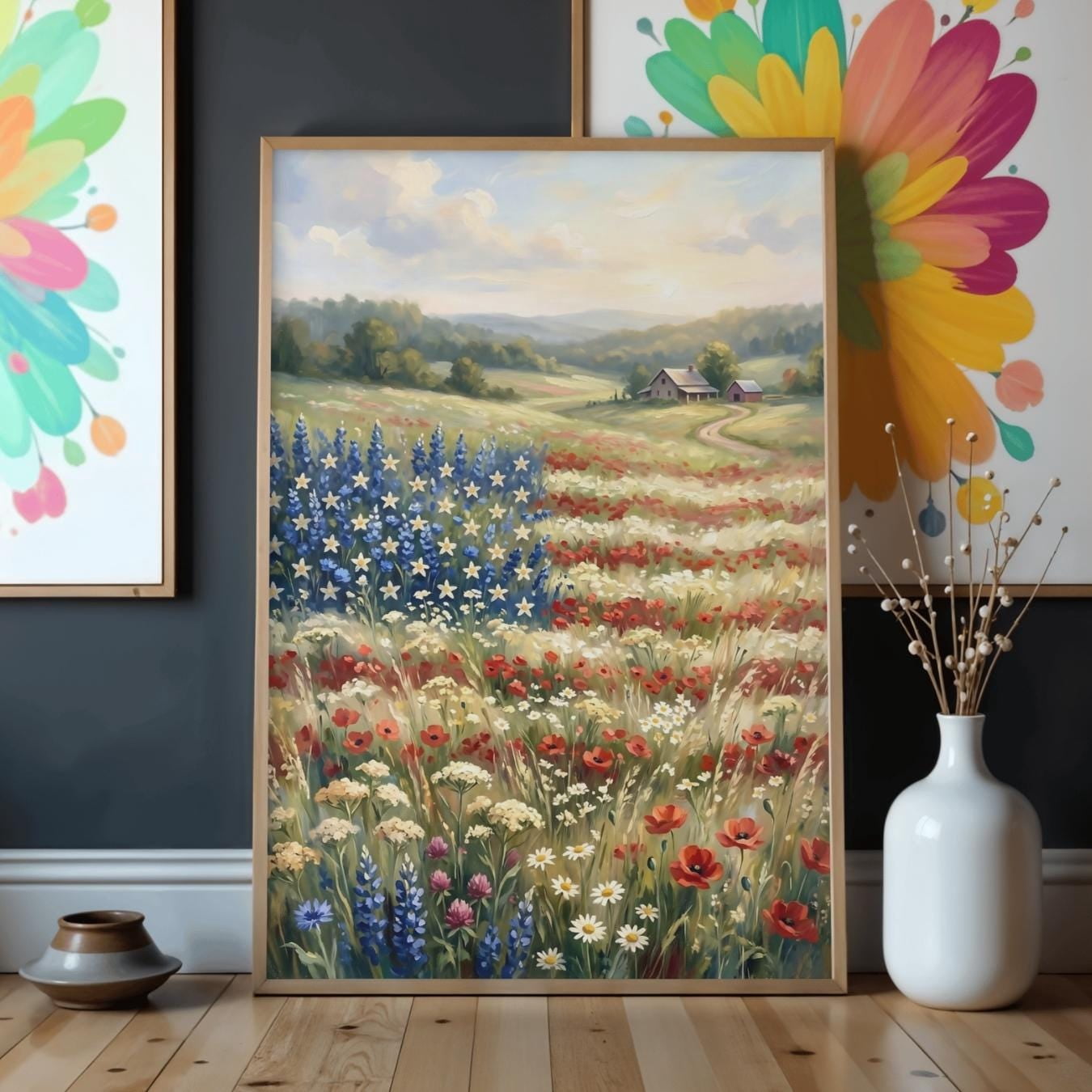 Affixzi Wildflower Meadow Wall Art, Cottagecore Floral Landscape ...