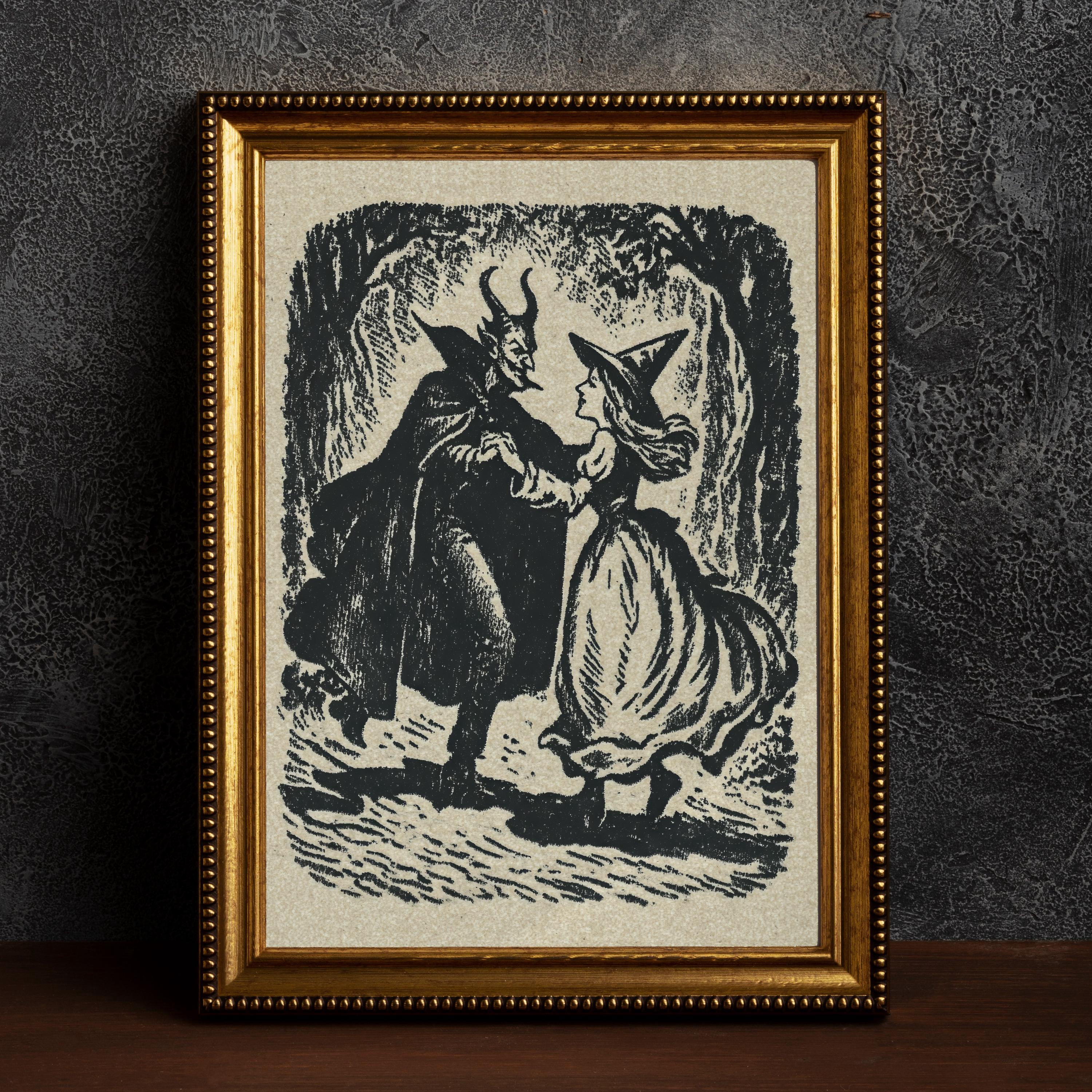 Affixzi Witch Dancing Print, Vintage Woodcut Style Ink Wall Art, Gothic ...