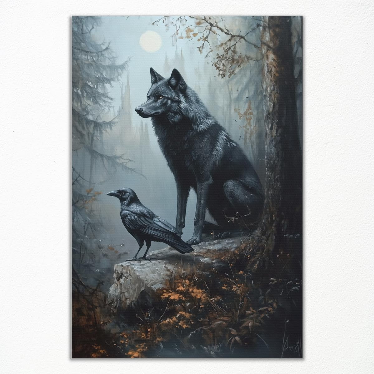 Affixzi Wolf Wall Art Raven Poster Dark Forest Landscape Canvas Wall ...
