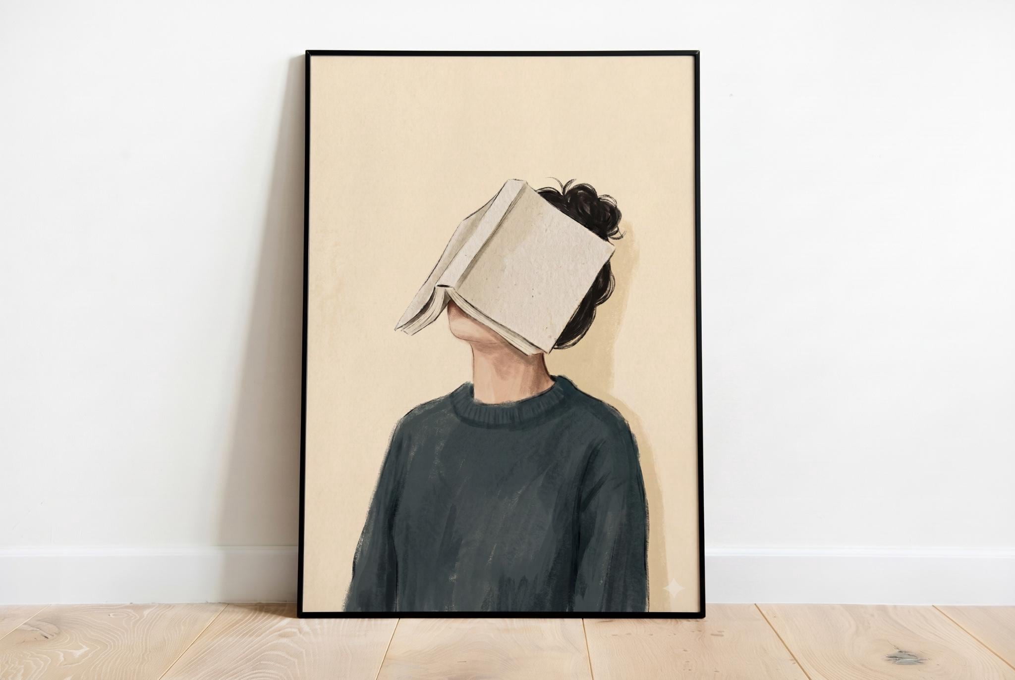 Affixzi Woman with Book on Face Poster, Funny Book Lover Wall Art, Cozy ...