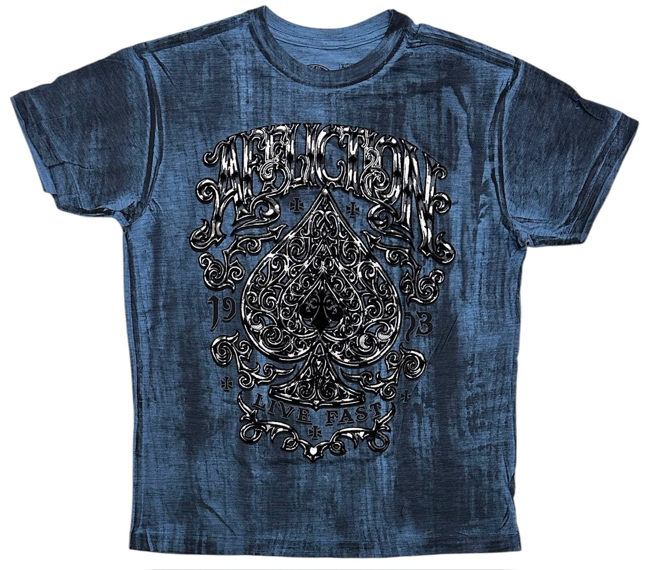 Affliction Clothing Men's T-Shirt Polaris Felt Graphic Blue/Black Dip ...